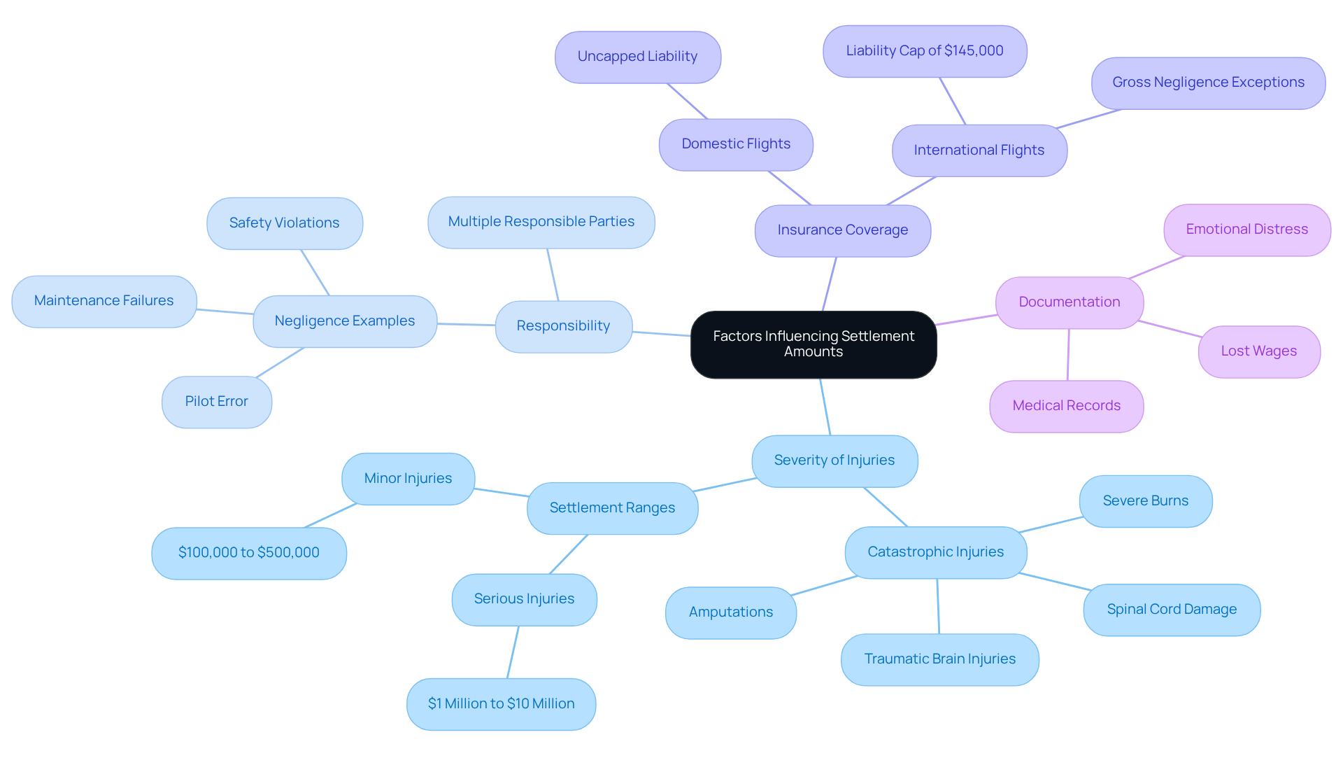This mindmap shows the key factors that affect how much compensation victims of aviation accidents can receive. Each branch represents a different factor, and the sub-branches provide more details. Follow the connections to see how these elements work together to influence settlement amounts. This mindmap shows the key factors that affect how much compensation victims of aviation accidents can receive. Each branch represents a different factor, and the sub-branches provide more details. Follow the connections to see how these elements work together to influence settlement amounts.