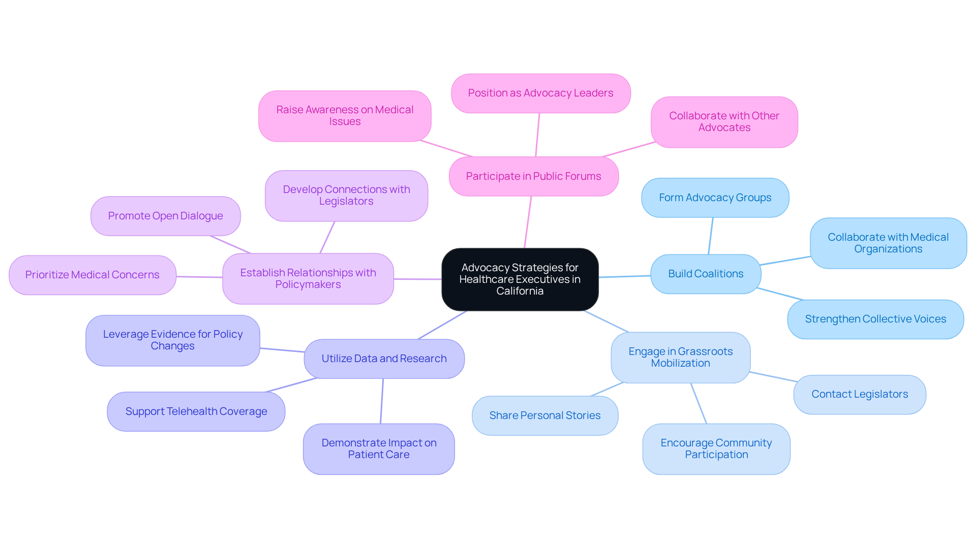 This mindmap illustrates the various strategies healthcare executives can use to advocate effectively. Click on each branch to explore the details and connections among the strategies. This mindmap illustrates the various strategies healthcare executives can use to advocate effectively. Click on each branch to explore the details and connections among the strategies.