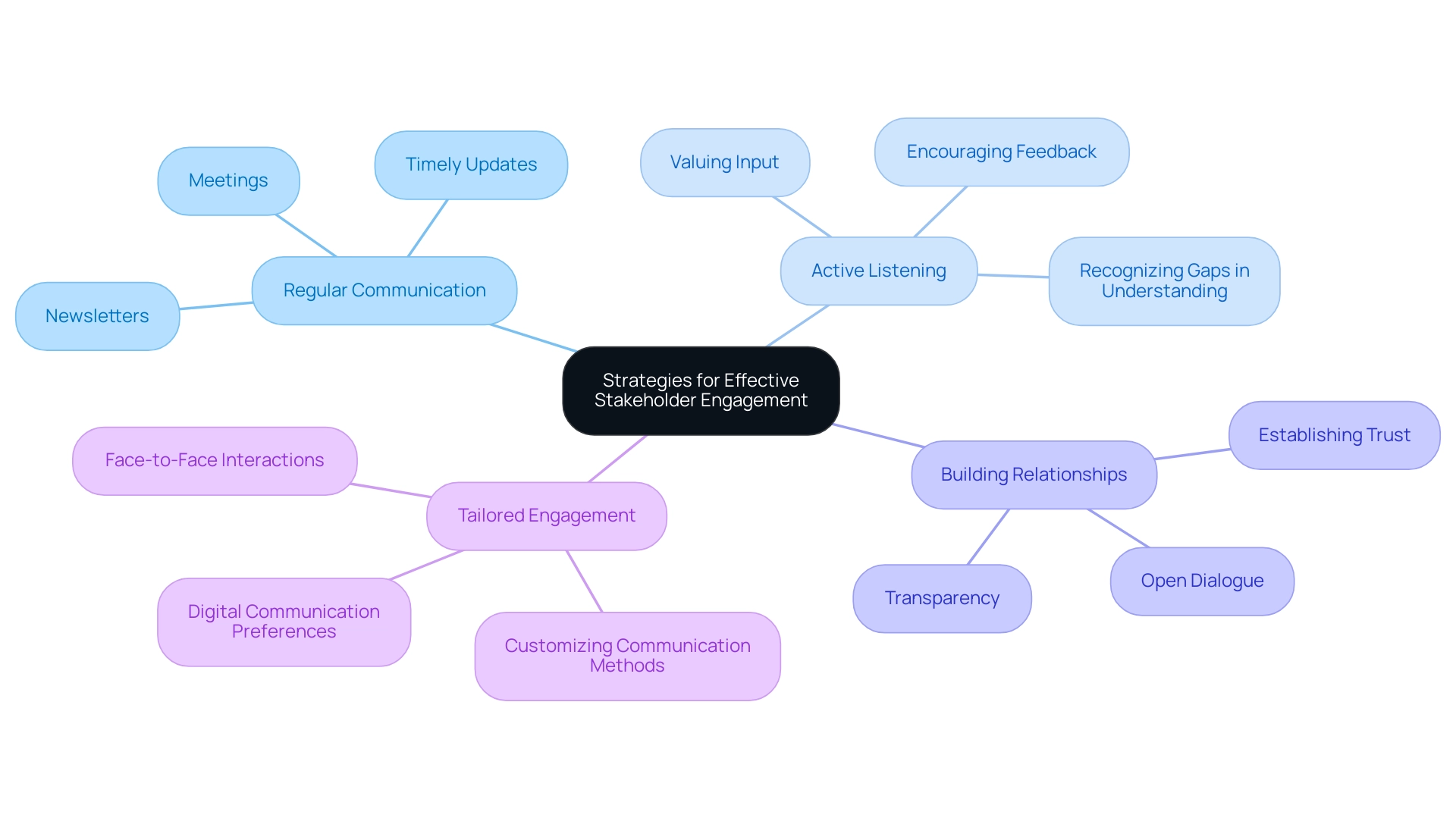 The central node represents the overall engagement strategies, with branches showing the four key strategies and their respective actions or considerations.