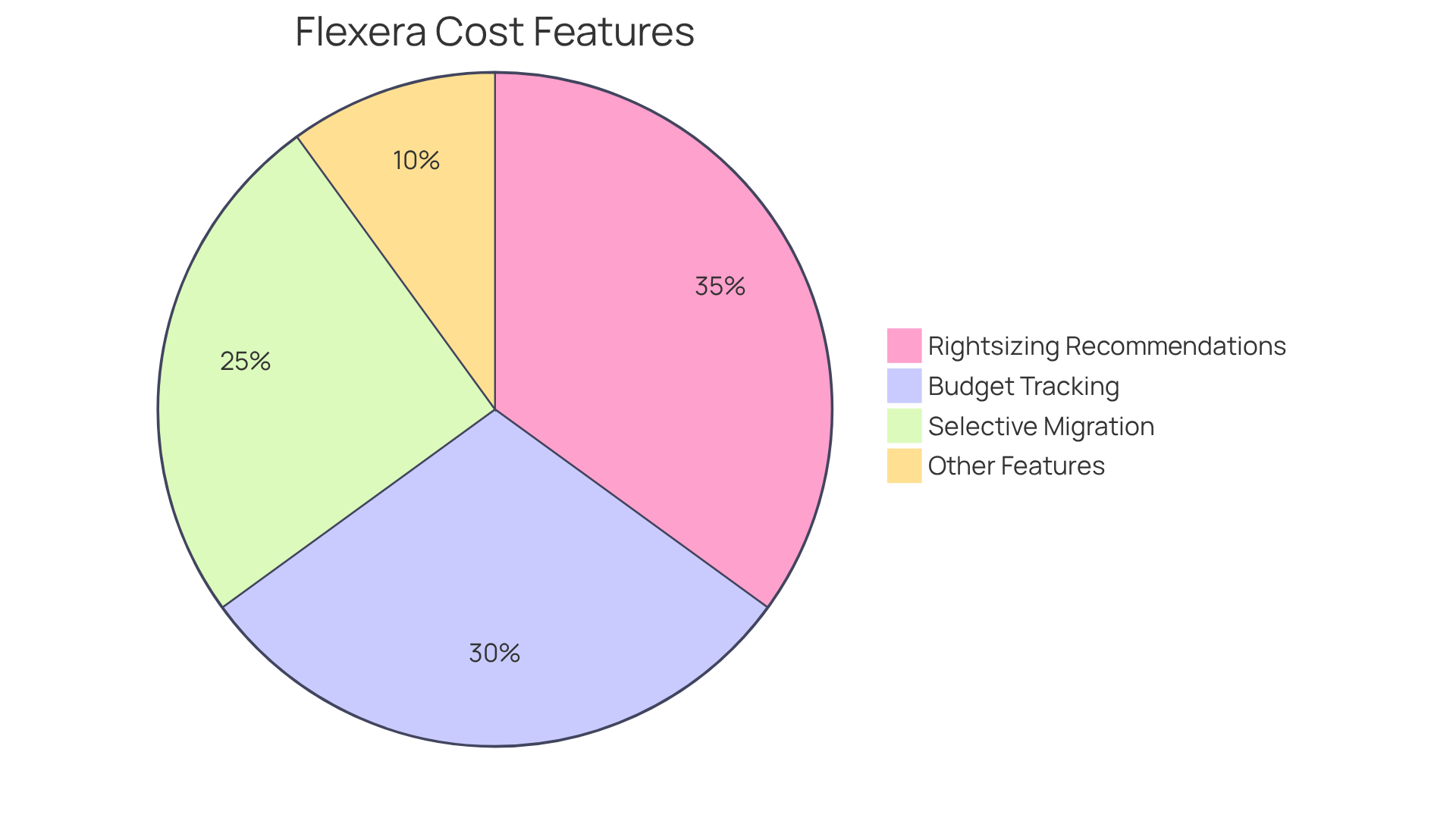 Each slice of the pie represents a key feature of Flexera's cloud cost management tools. The larger the slice, the more significant that feature is in helping businesses optimize their cloud expenditures.