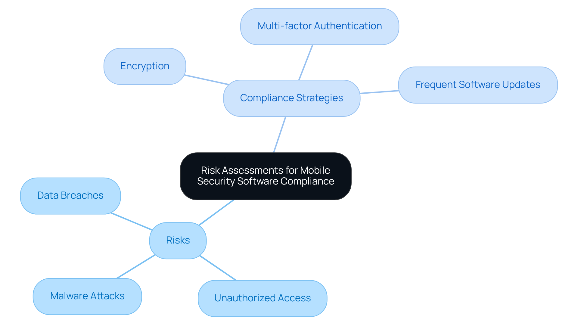 The center represents the main focus on risk assessments. The branches show the different risks and strategies for compliance, helping you understand how to protect mobile security in healthcare.
