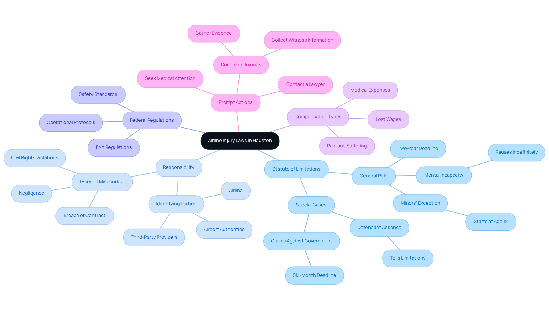 The central node represents the main topic, while the branches show different aspects of airline injury laws. Each sub-point provides more detail about that aspect, helping you understand the full picture of what to consider if you're dealing with an aviation-related incident.