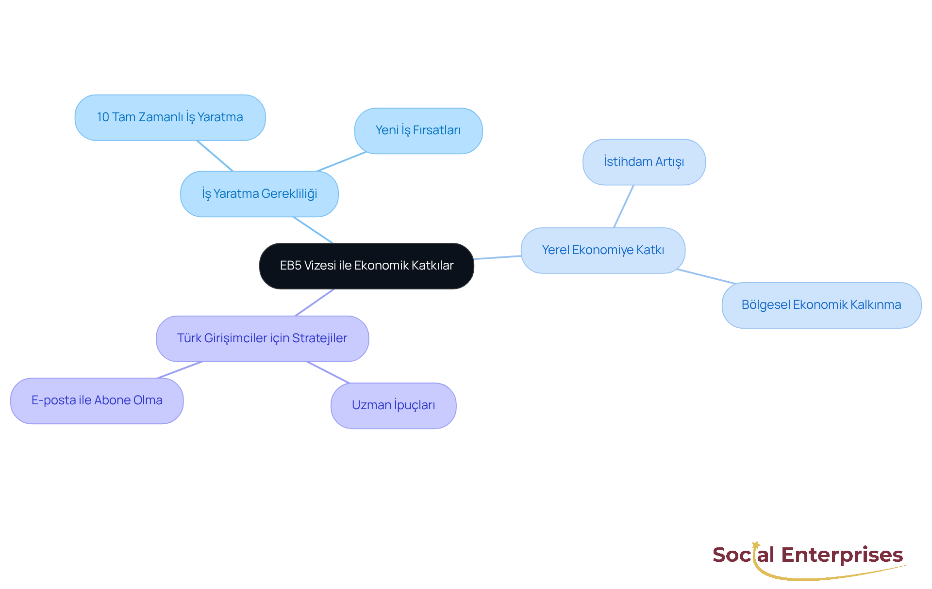 Merkezde EB5 vizesi ile ilgili ana tema var; dallar, bu konuyla ilgili önemli noktaları ve detayları gösteriyor. Her dal, EB5 vizesinin sunduğu fırsatları ve etkilerini temsil ediyor.