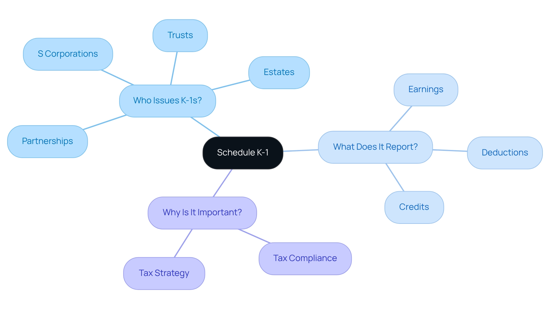 The central node gives an overview of Schedule K-1, while the branches represent key aspects of the document. Each color-coded branch helps you easily identify who issues K-1s, what information it includes, and why it's critical for investors.