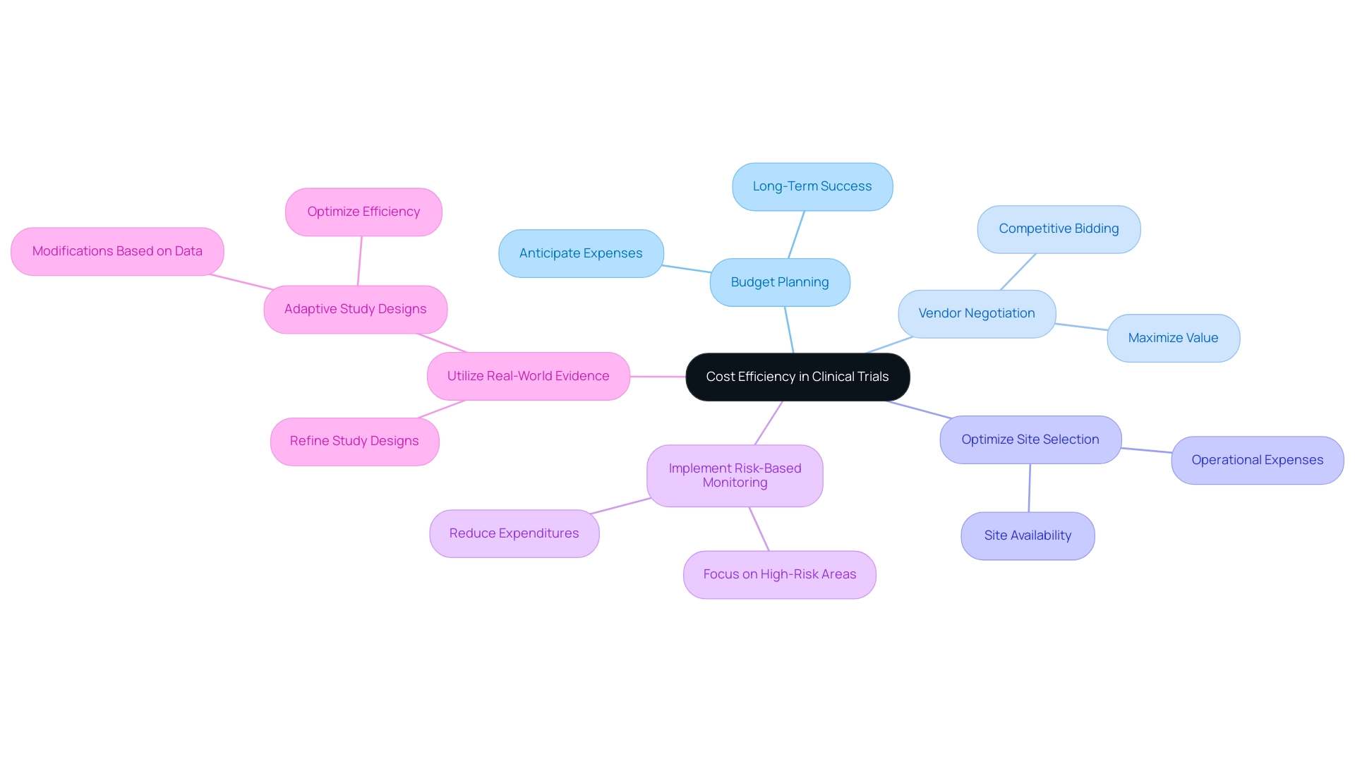 Each branch represents a key strategy for achieving cost efficiency, with sub-branches providing more detail on specific aspects of each strategy.