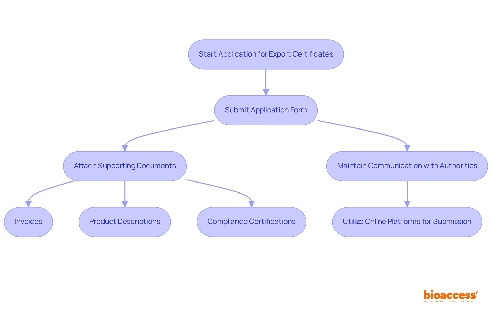 Follow the arrows to see each step in the application process. Each box represents an action you need to take, and the sub-boxes show the specific documents required.