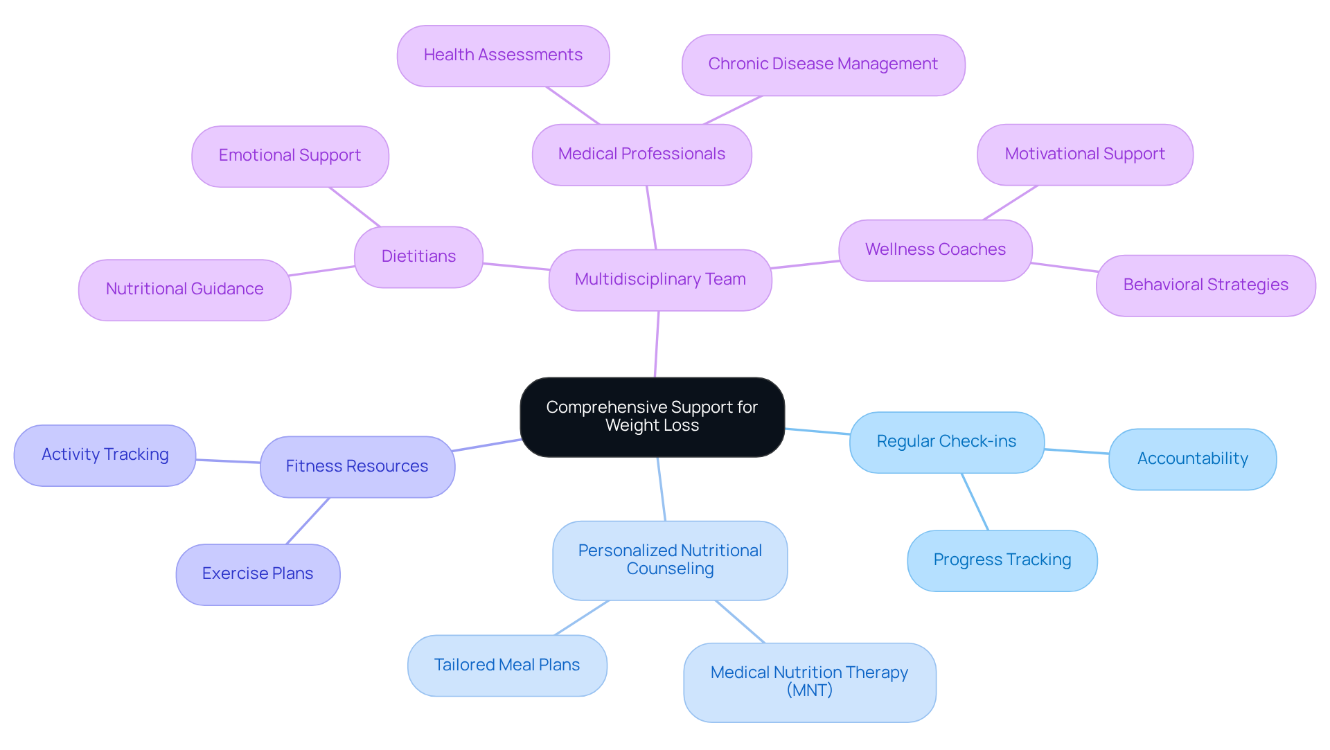 The center represents the overall support system, while the branches show the different types of support available. Each branch connects to specific roles or services that contribute to your weight loss journey.
