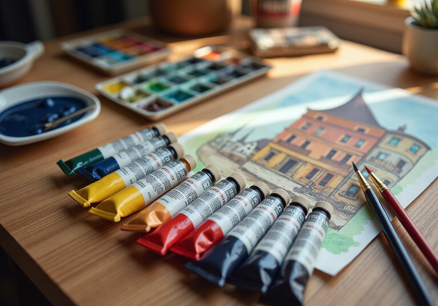 Artist's Workspace with Watercolor Paints