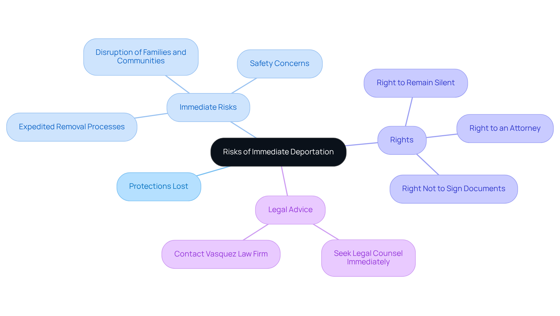 This mindmap illustrates the risks associated with immediate deportation and highlights the important rights individuals have. Each branch represents a key area of concern or action, guiding you through the information visually. This mindmap illustrates the risks associated with immediate deportation and highlights the important rights individuals have. Each branch represents a key area of concern or action, guiding you through the information visually.