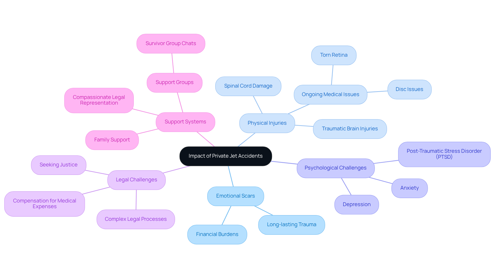 This mindmap illustrates the various effects of private jet accidents. Start at the center with the main topic, then explore the branches to see how emotional, physical, and legal challenges intertwine, along with the support systems available for victims and their families.