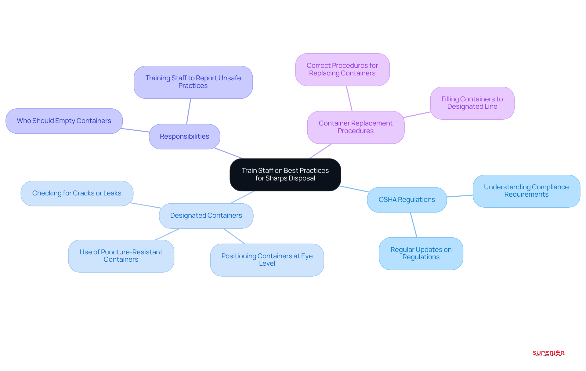 The center represents the main training focus, while the branches show key topics that staff need to learn about. Each color-coded branch helps you see how different aspects of the training connect to the overall goal of safe sharps disposal.