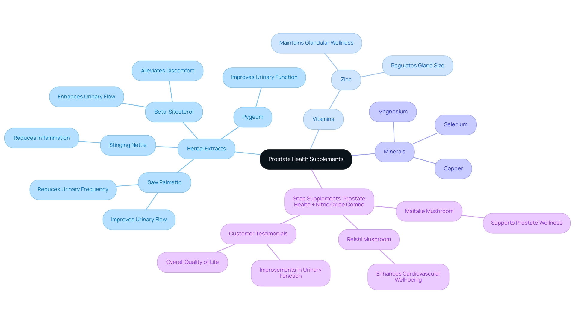 Central node represents prostate health supplements; branches represent categories (Herbal Extracts, Vitamins, Minerals) with sub-branches detailing specific supplements and their benefits.