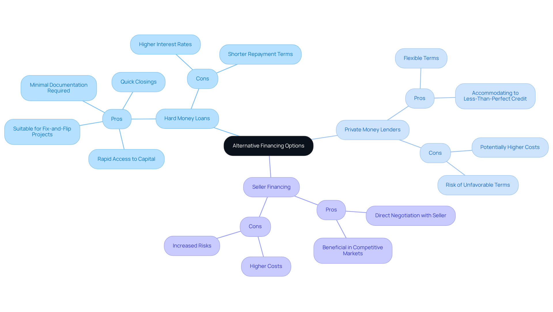 The center shows the main topic, and each branch represents a different financing option. The pros and cons are listed under each option, helping you see the benefits and challenges at a glance.