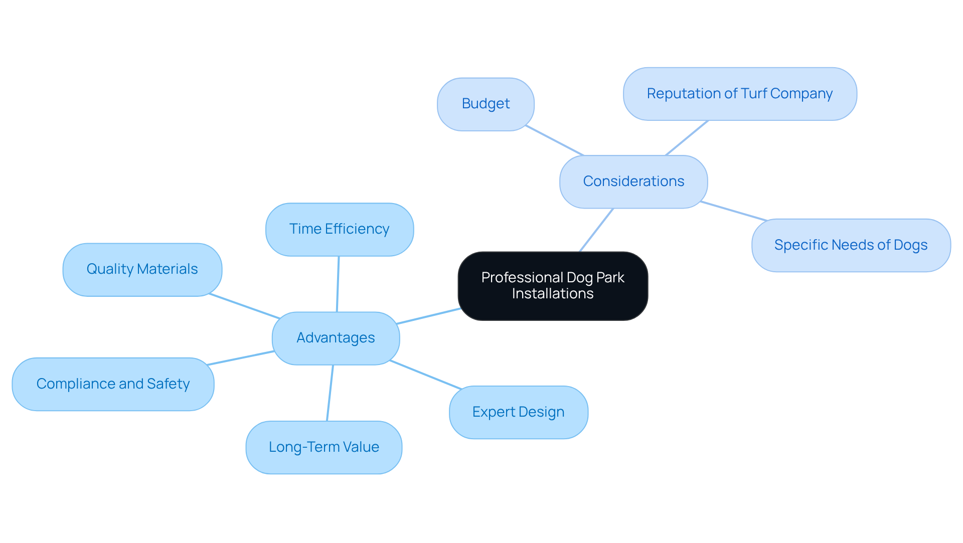 The center represents the main topic of professional dog park installations. The branches show the advantages and considerations, helping you understand what to think about when planning a dog park.