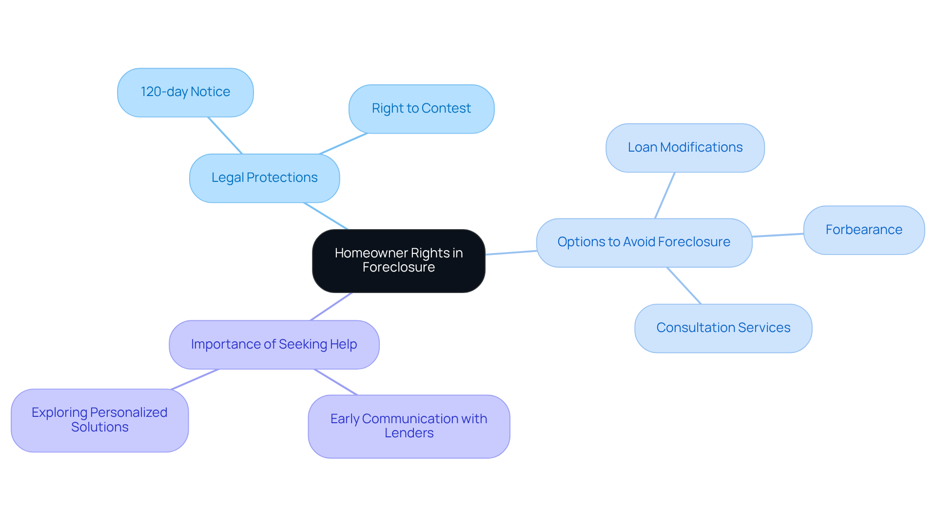 The center shows your rights as a homeowner, with branches leading to important legal protections and options to help you avoid foreclosure. Each branch represents a different aspect of your rights and choices. The center shows your rights as a homeowner, with branches leading to important legal protections and options to help you avoid foreclosure. Each branch represents a different aspect of your rights and choices.