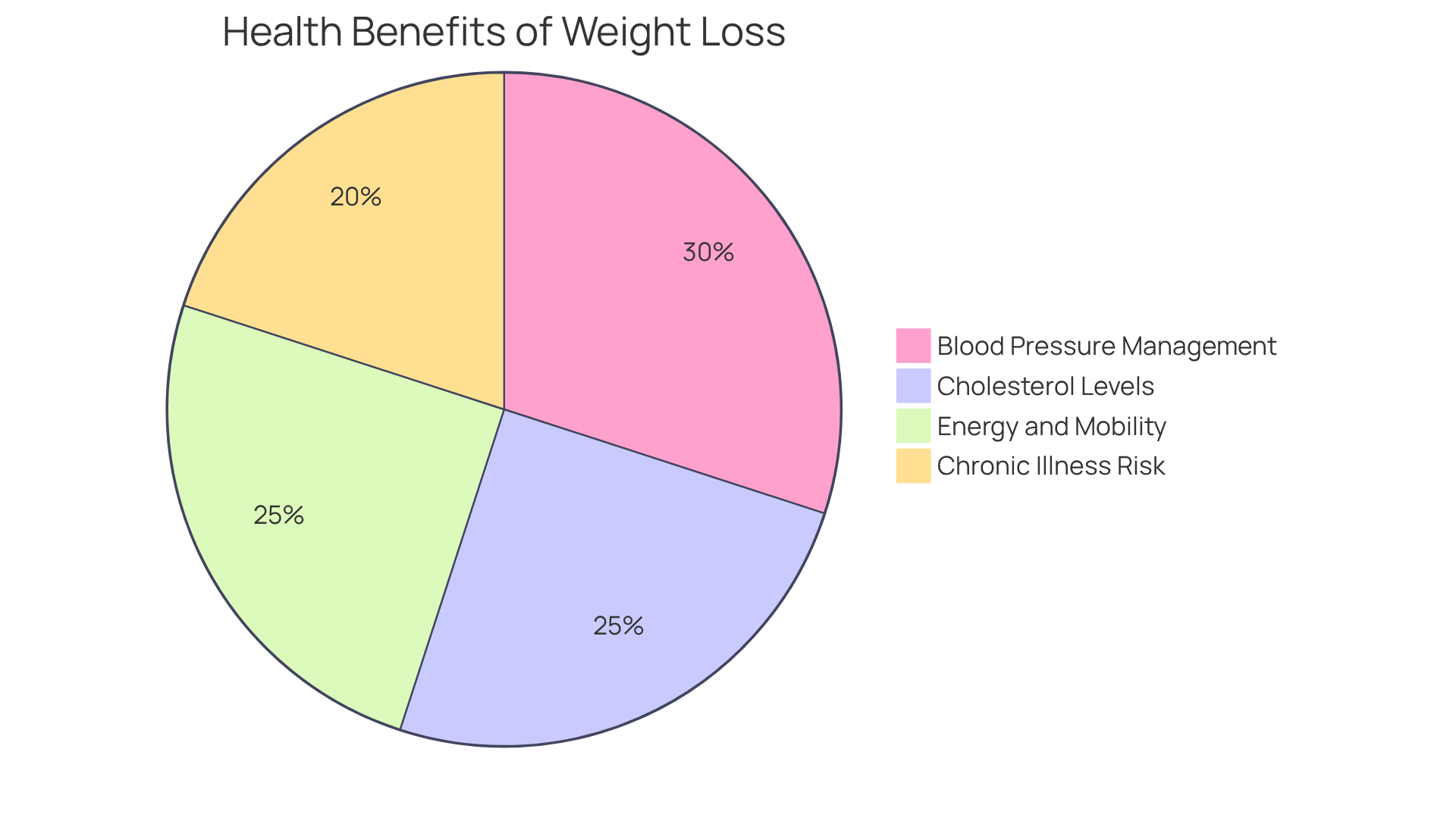 Each slice of the pie shows a different health benefit that people experience when they lose weight. The bigger the slice, the more common that benefit is among patients. This helps you see how weight loss can improve various aspects of health.
