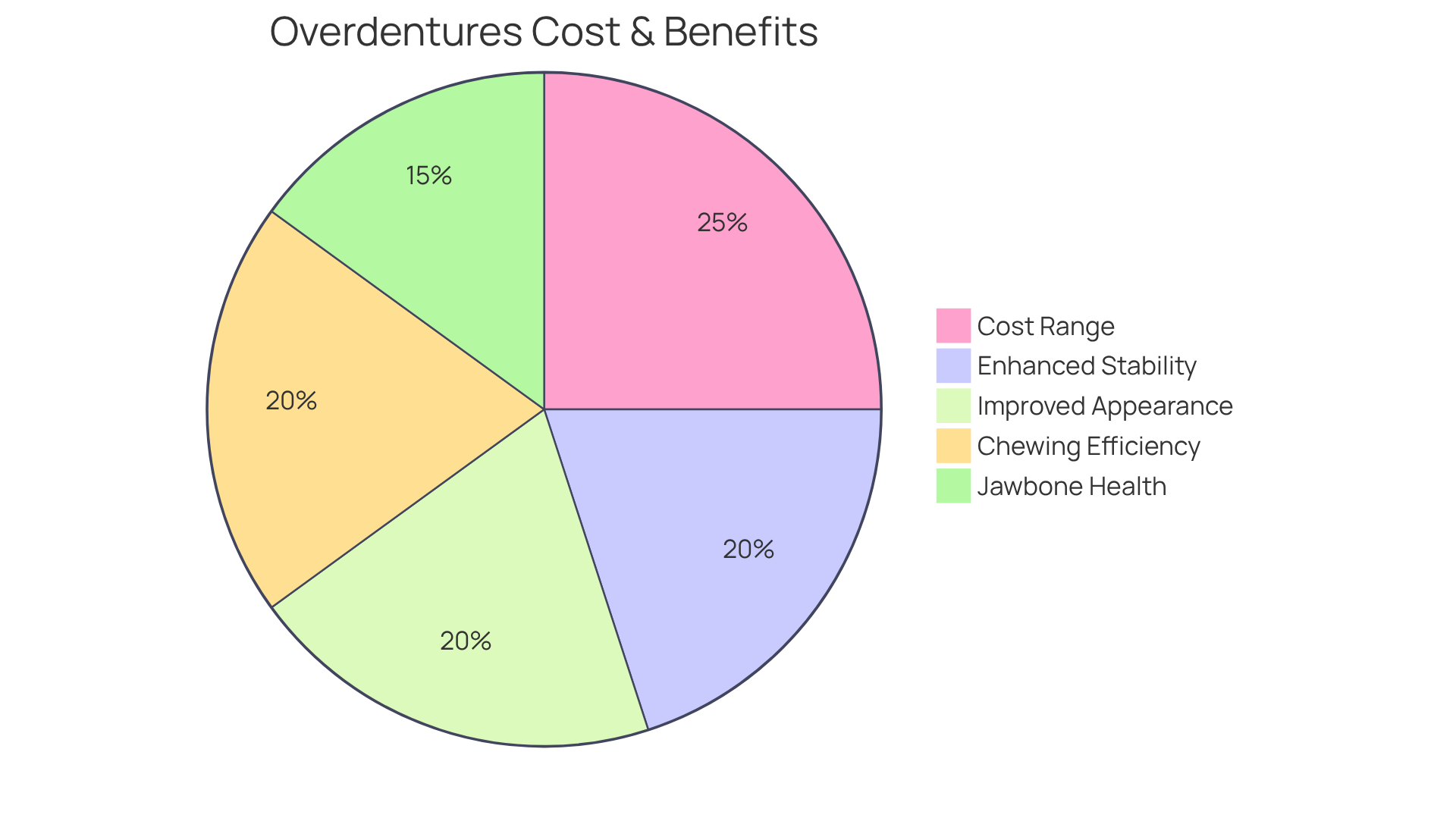 Each slice represents a different aspect of overdentures — the bigger the slice, the more significant the factor in your decision-making process, balancing costs with the quality of life improvements.