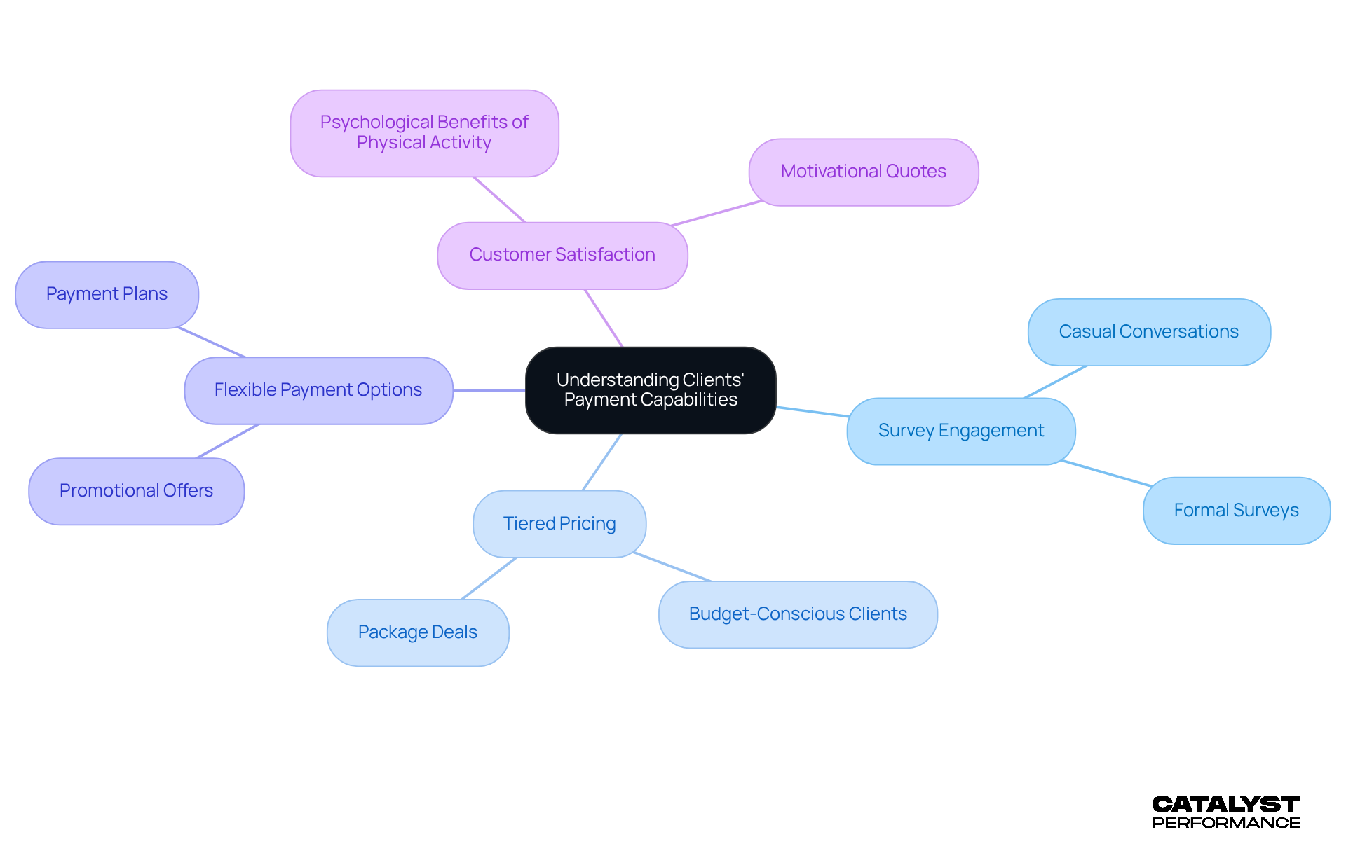 The central node represents the main focus on understanding clients' financial capabilities. Each branch shows a strategy or consideration, with further details branching out to provide a comprehensive view of how trainers can align their services with client needs.