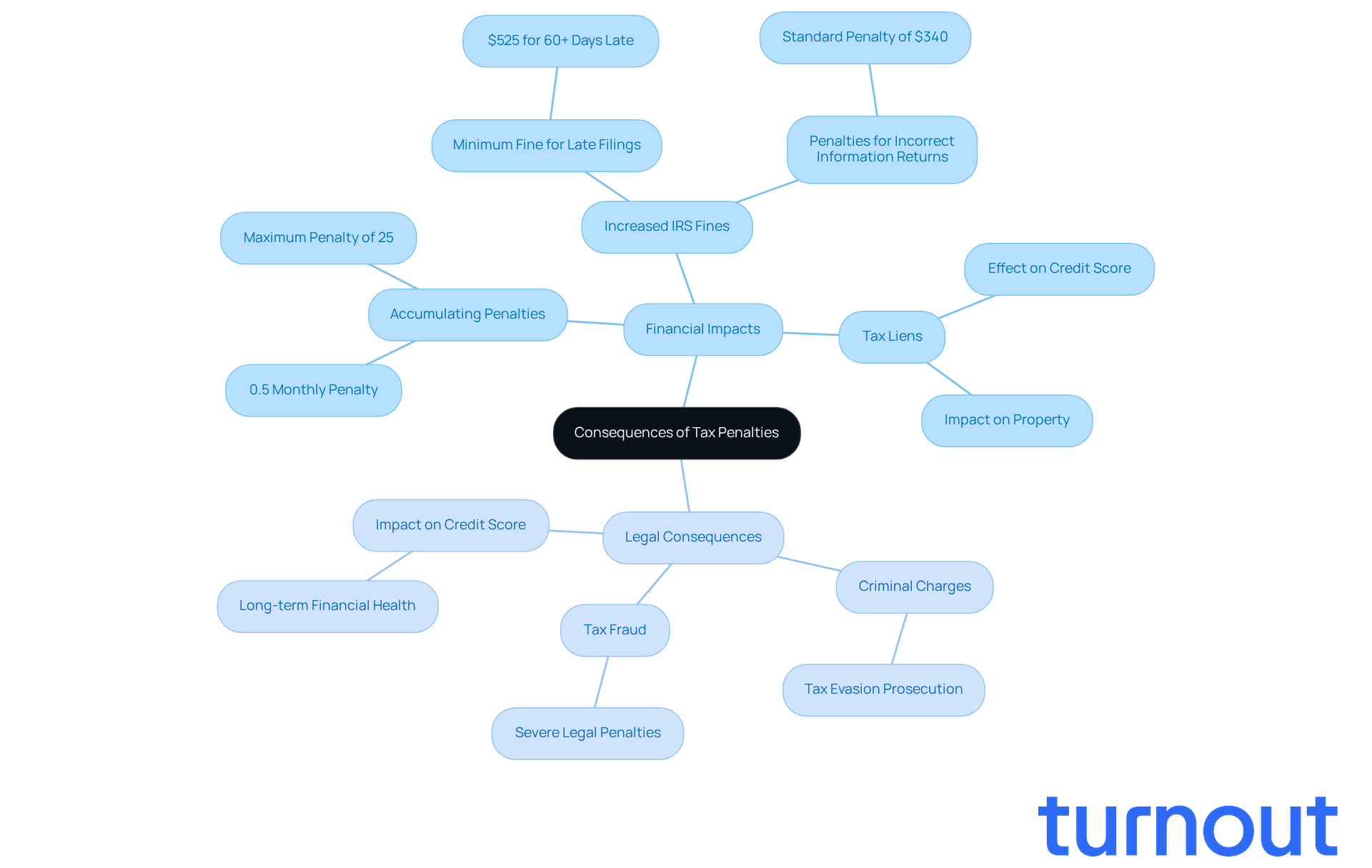 The central node represents the main topic of tax penalties. The branches show different areas affected by these penalties, helping you understand how they can impact your finances and legal standing.