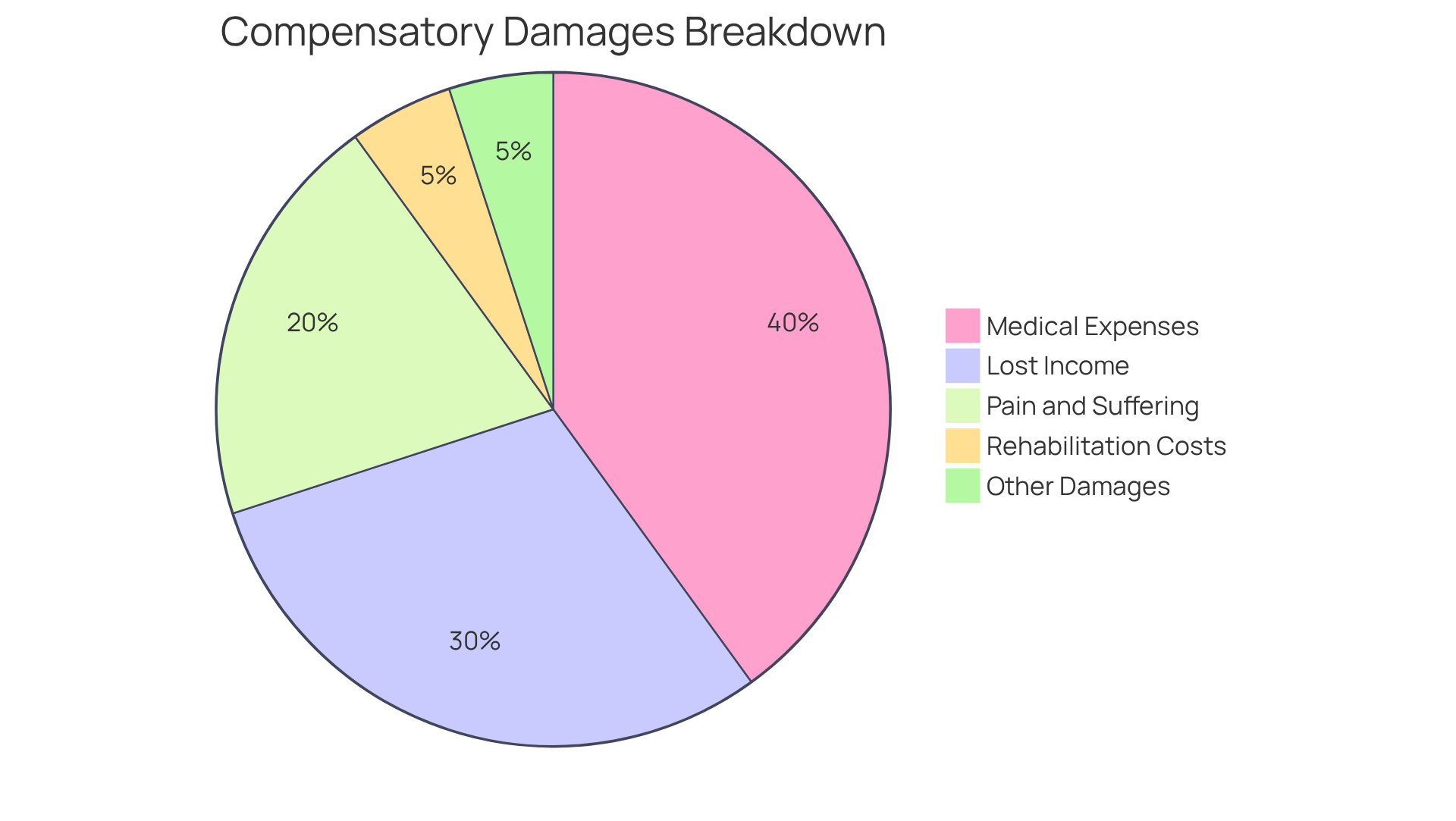 Each segment of the pie chart shows a type of compensation that victims can receive. The bigger the segment, the more significant that type of compensation is in the overall total. Each segment of the pie chart shows a type of compensation that victims can receive. The bigger the segment, the more significant that type of compensation is in the overall total.