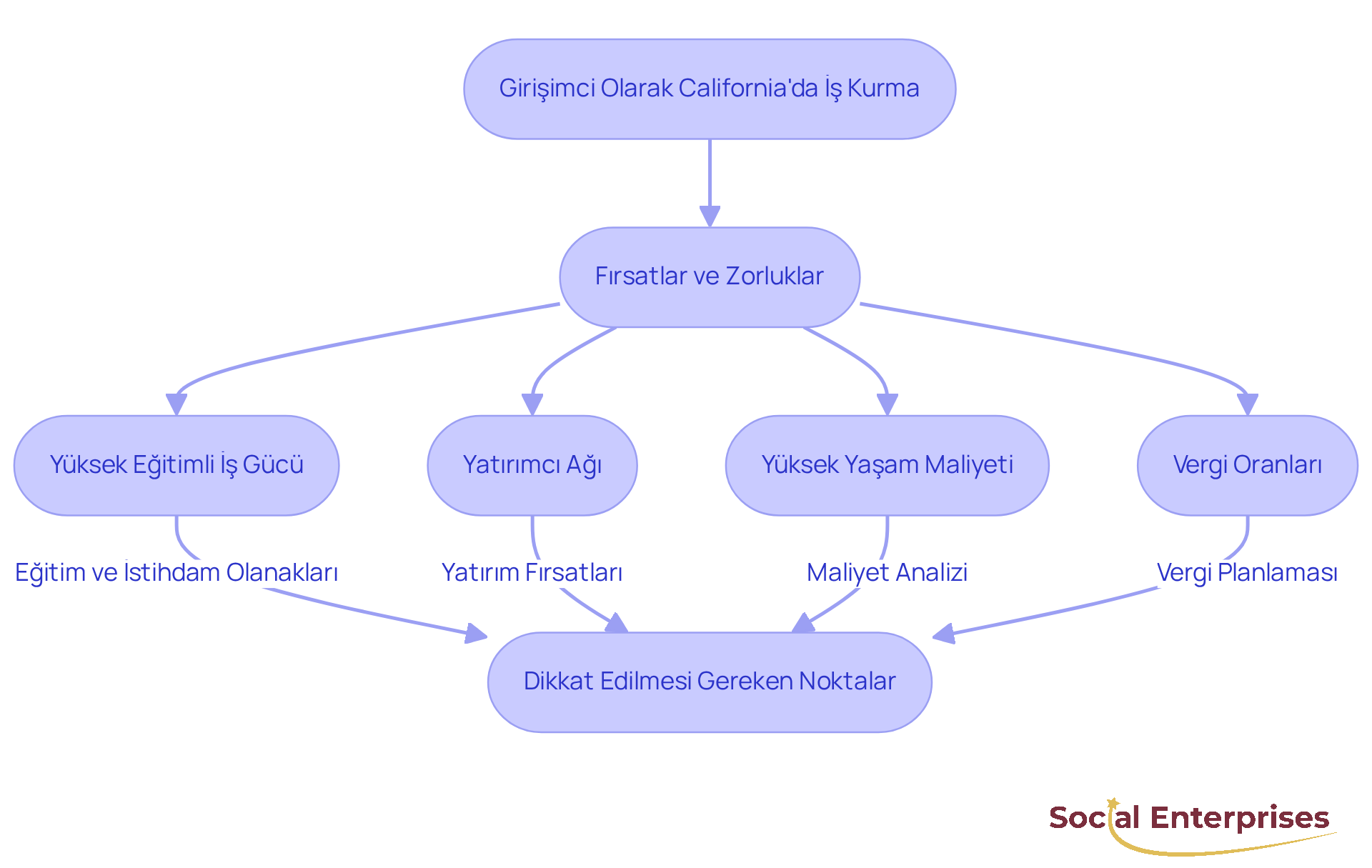 Bu akış şeması, California'da iş kurmak isteyen girişimcilerin izlemesi gereken adımları gösterir. Her kutu, dikkate alınması gereken bir noktayı temsil eder ve oklar adımlar arasındaki bağlantıyı gösterir.