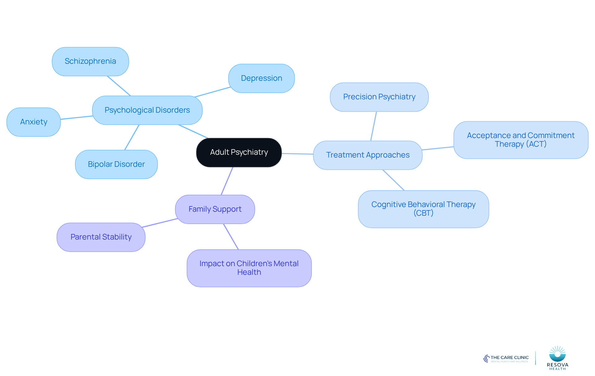 The central node represents adult psychiatry, with branches showing different areas of focus. Each branch and sub-branch highlights important concepts and their relationships, helping you understand how they contribute to patient care. The central node represents adult psychiatry, with branches showing different areas of focus. Each branch and sub-branch highlights important concepts and their relationships, helping you understand how they contribute to patient care.