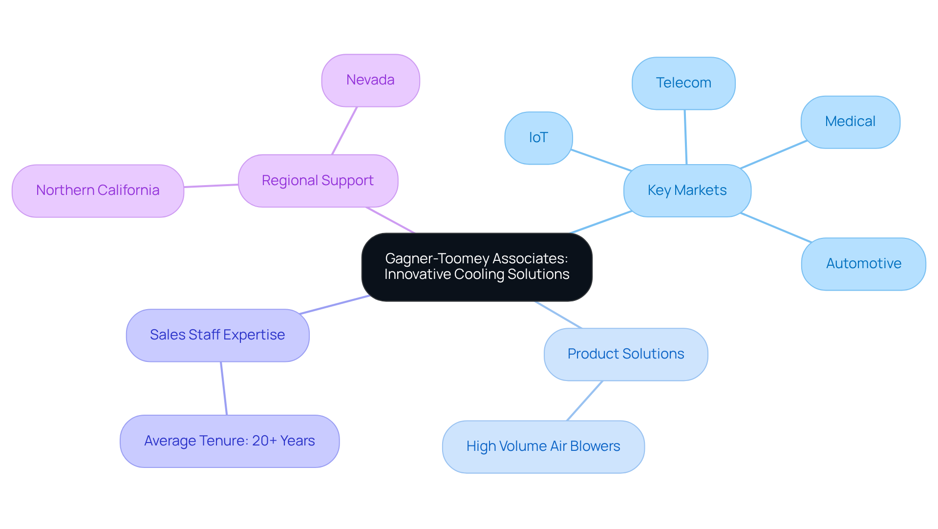 This mindmap shows the key elements of Gagner-Toomey Associates, starting from the central focus of innovative cooling solutions and branching out to various important aspects like markets and products.