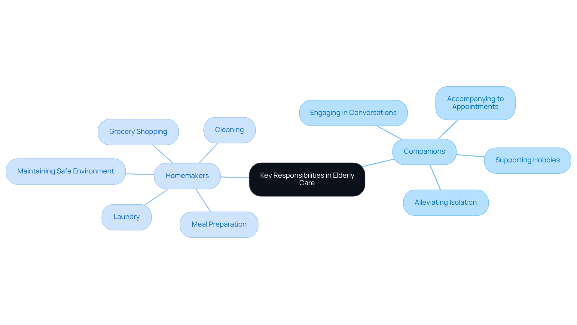The central node represents the overall theme of responsibilities. The branches represent the two distinct roles, and each sub-branch details the specific tasks that contribute to the well-being of elderly clients.