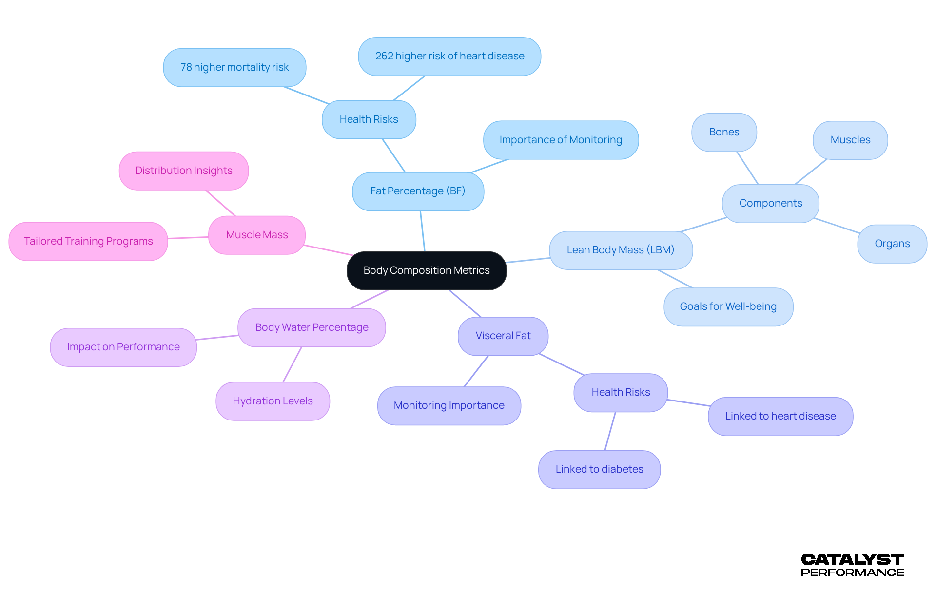 The central node represents the overall theme of body composition. Each branch shows a specific metric, and the sub-branches provide additional insights or health implications related to that metric. This layout helps you see how each component contributes to your overall wellness. The central node represents the overall theme of body composition. Each branch shows a specific metric, and the sub-branches provide additional insights or health implications related to that metric. This layout helps you see how each component contributes to your overall wellness.