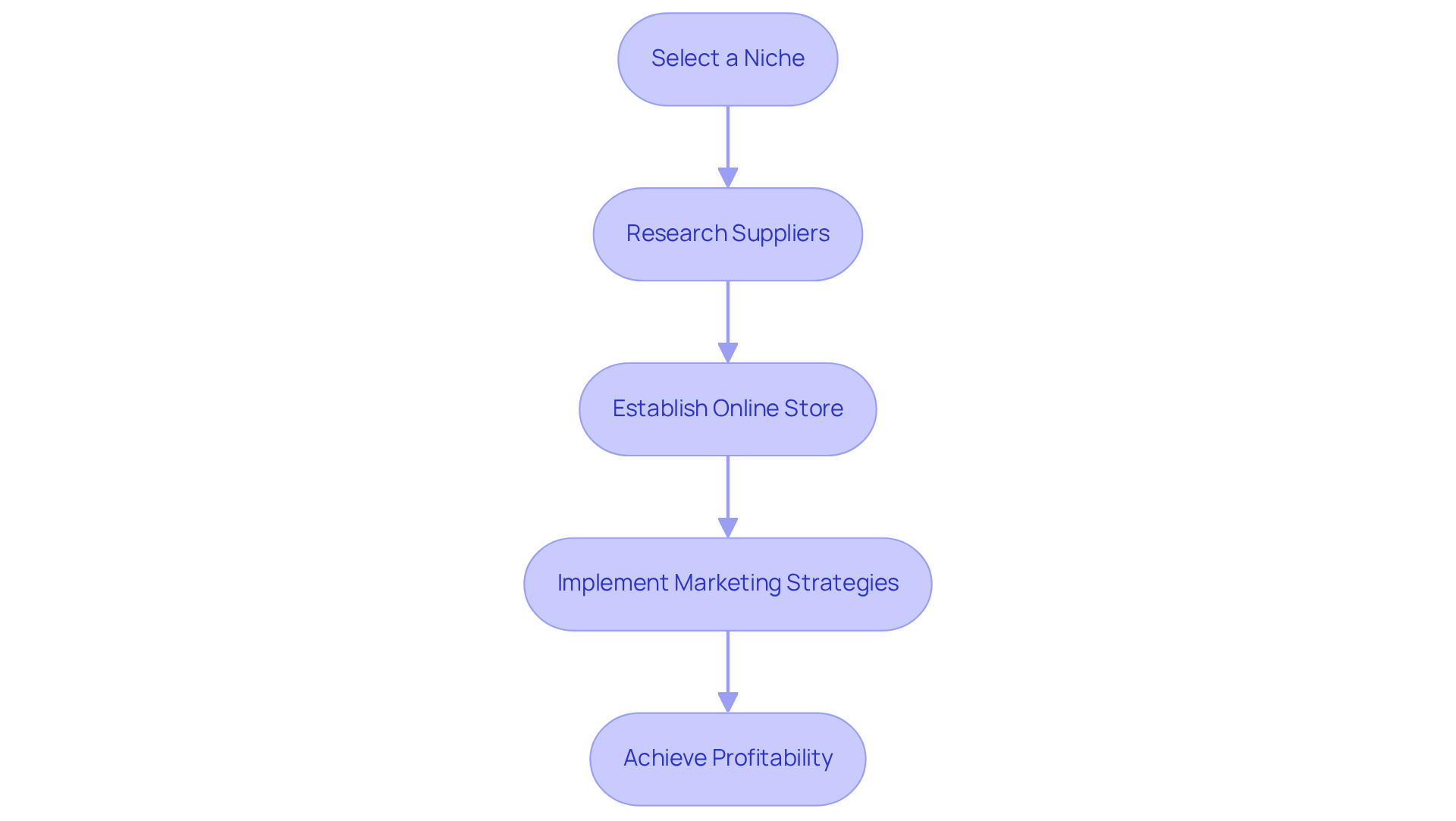 Each box represents a crucial step in the dropshipping process. Follow the arrows to see how to move from selecting a niche all the way to achieving profitability. Each box represents a crucial step in the dropshipping process. Follow the arrows to see how to move from selecting a niche all the way to achieving profitability.