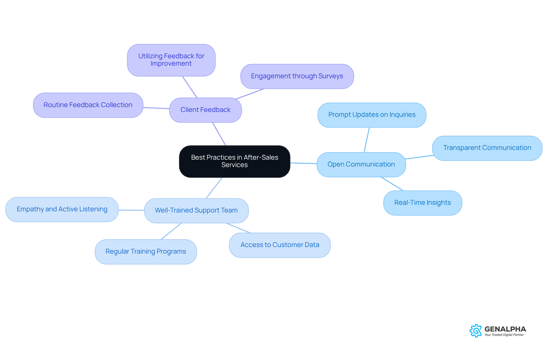 The center shows the main focus on after-sales services, and each branch represents a key strategy. Explore the sub-branches for detailed actions that can improve client relationships and service quality.