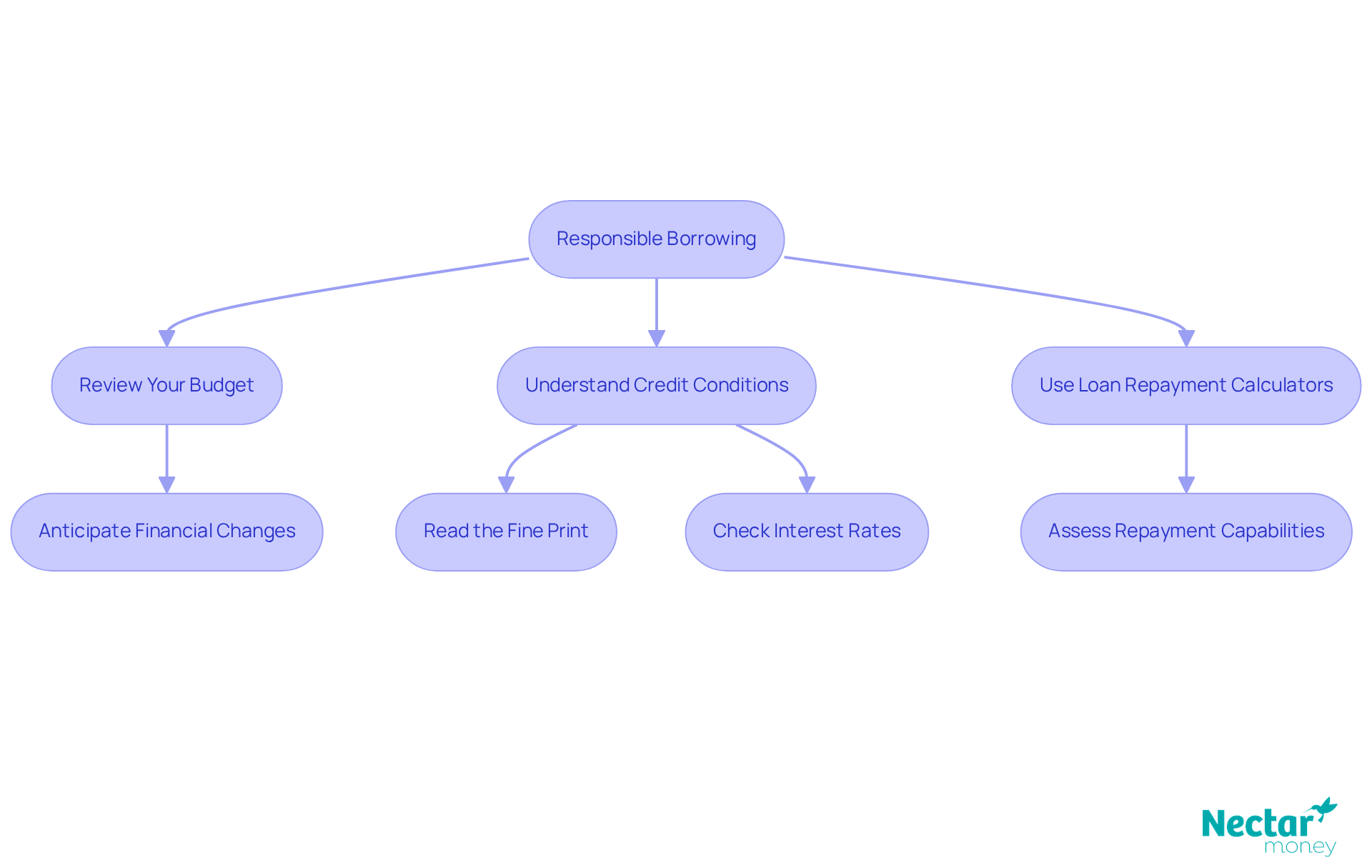 Follow the flow of steps for responsible borrowing. Each box represents a key action to take, guiding you through the process to ensure you borrow wisely and avoid financial pitfalls.