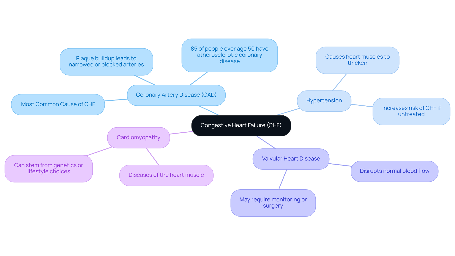 The center represents CHF, and each branch shows a different cause. Follow the branches to learn more about how each factor contributes to heart failure. The center represents CHF, and each branch shows a different cause. Follow the branches to learn more about how each factor contributes to heart failure.