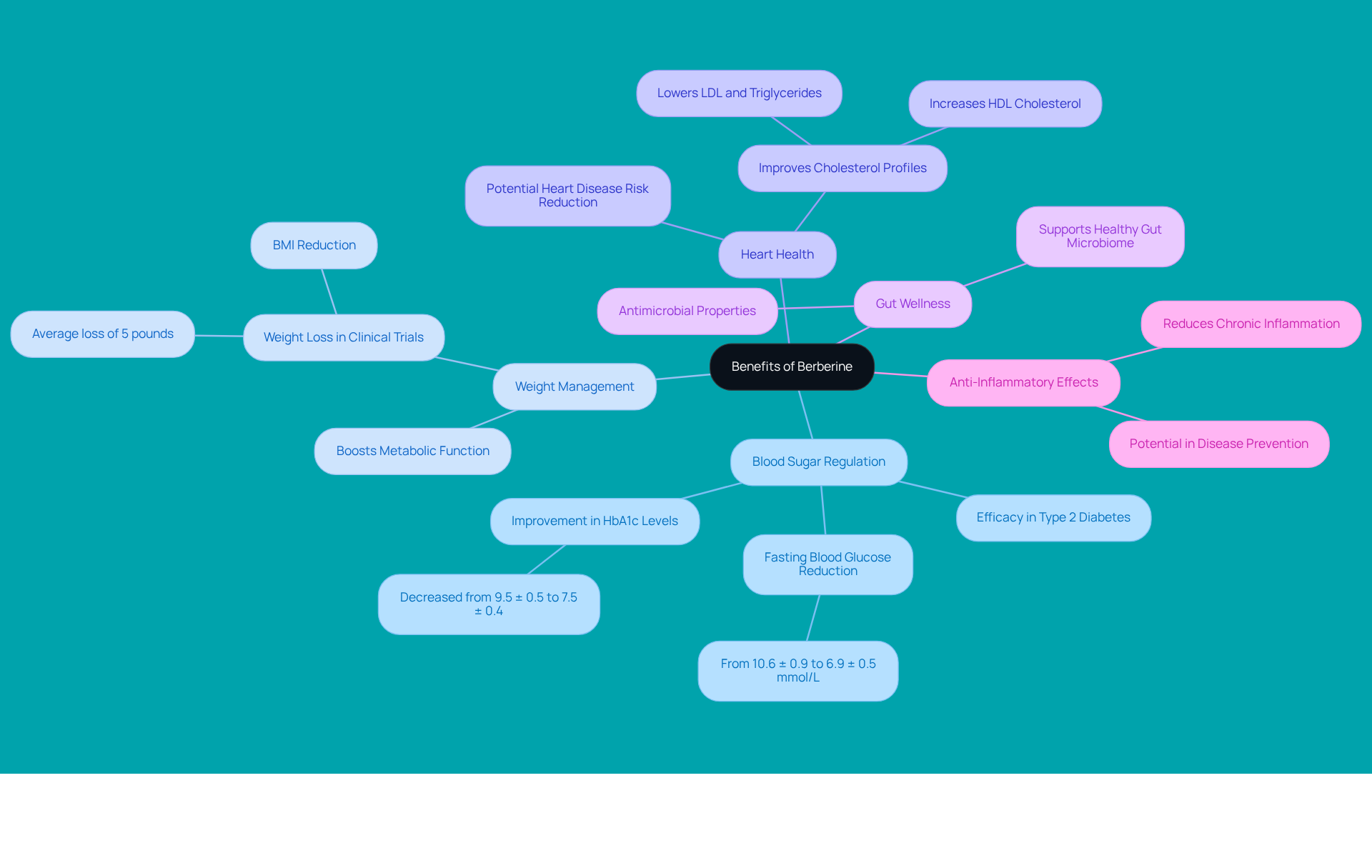 The central node represents berberine, and each branch shows a specific health benefit. Follow the branches to discover key points about how berberine can enhance your well-being.