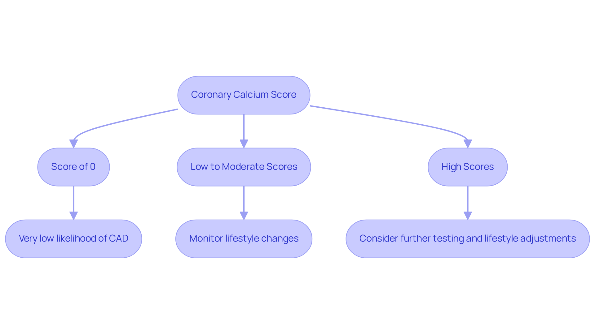 This flowchart guides you through the implications of different coronary calcium scores. Follow the arrows to see what each score means for your heart health and what steps you might consider taking. This flowchart guides you through the implications of different coronary calcium scores. Follow the arrows to see what each score means for your heart health and what steps you might consider taking.
