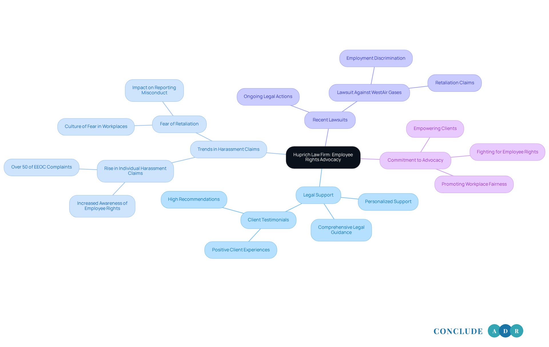 The central node represents the firm's mission, while the branches show different aspects of their advocacy work. Each branch highlights important information, making it easy to see how they support employee rights.