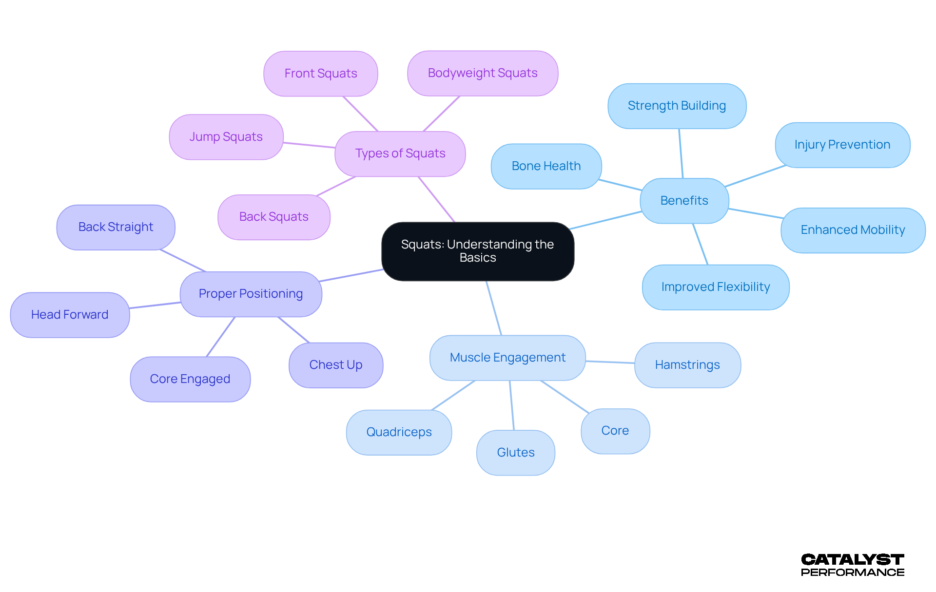 The center represents the main topic of squats. Each branch shows a different aspect, like benefits or techniques, helping you understand how they all connect and contribute to your fitness journey. The center represents the main topic of squats. Each branch shows a different aspect, like benefits or techniques, helping you understand how they all connect and contribute to your fitness journey.
