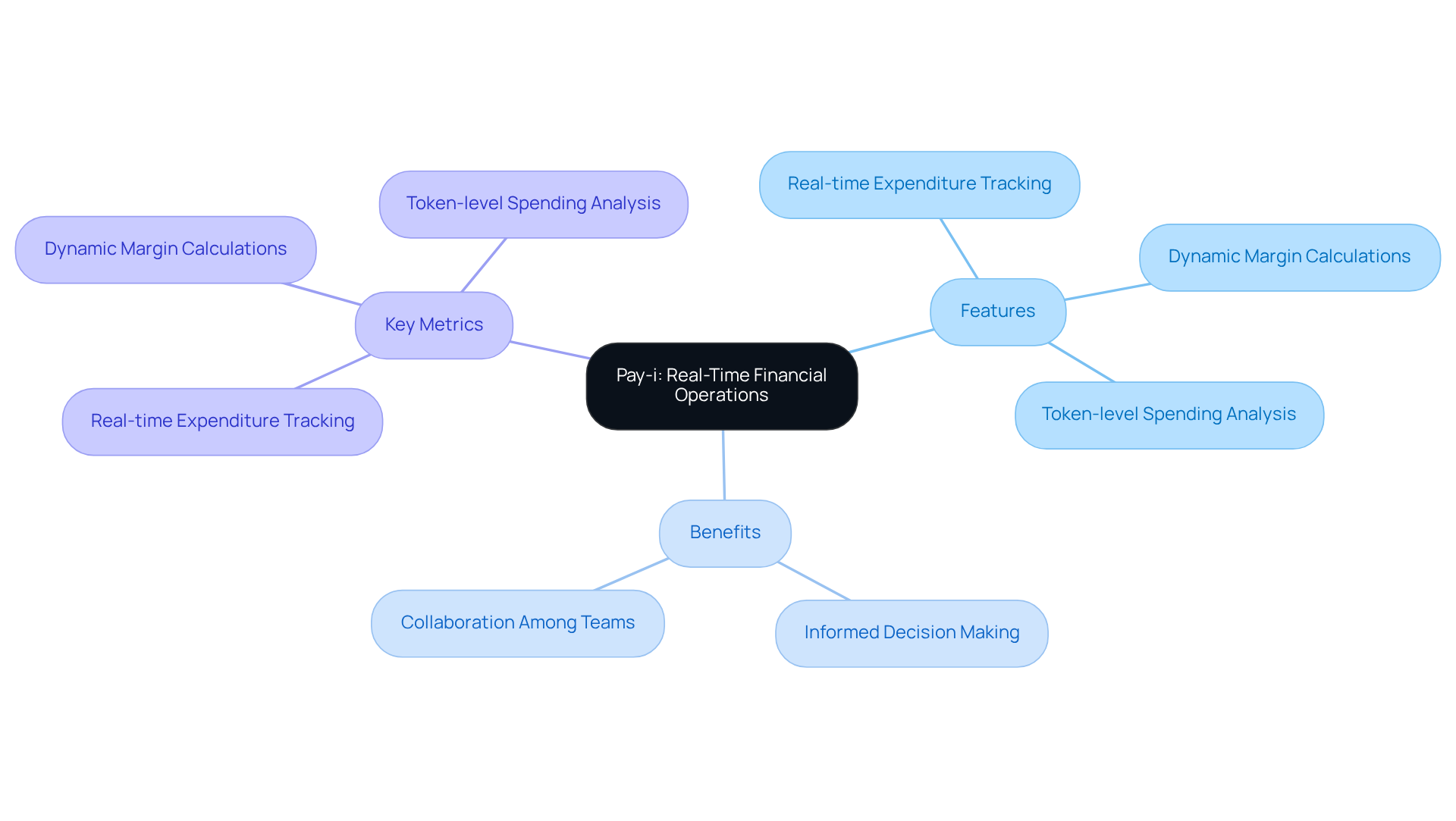 The center represents Pay-i's core function, while the branches show its features, benefits, and metrics. Each branch helps you understand how these elements contribute to effective financial monitoring in AI projects. The center represents Pay-i's core function, while the branches show its features, benefits, and metrics. Each branch helps you understand how these elements contribute to effective financial monitoring in AI projects.