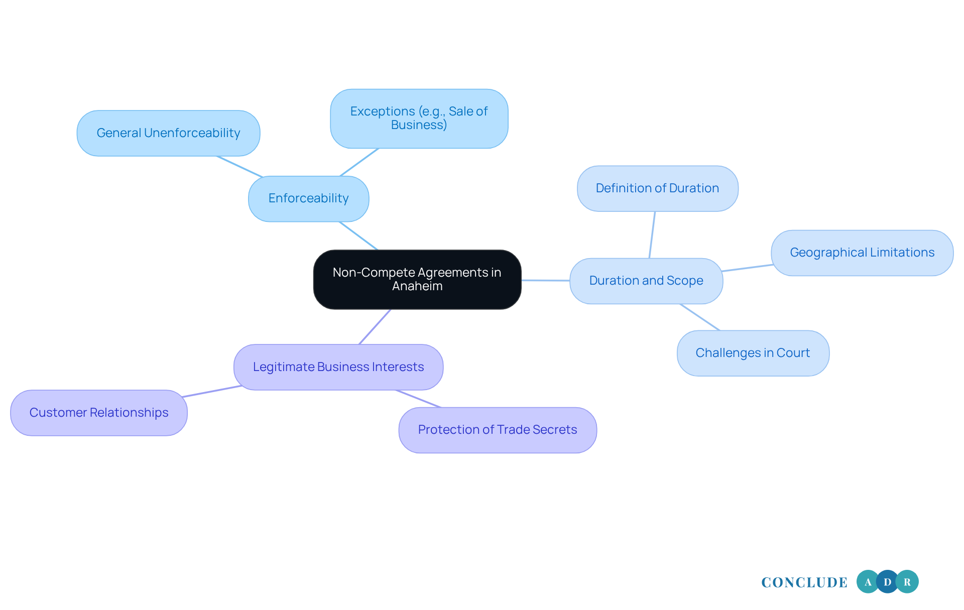 Start at the center with the main topic. Follow the branches to explore each key aspect, learning how they relate to the overall concept of non-compete agreements. Start at the center with the main topic. Follow the branches to explore each key aspect, learning how they relate to the overall concept of non-compete agreements.