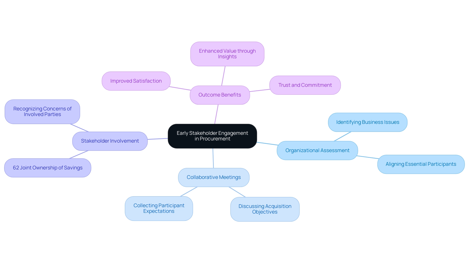 The central node represents stakeholder engagement, with branches for assessment, meetings, involvement, and benefits, each color-coded for clarity.