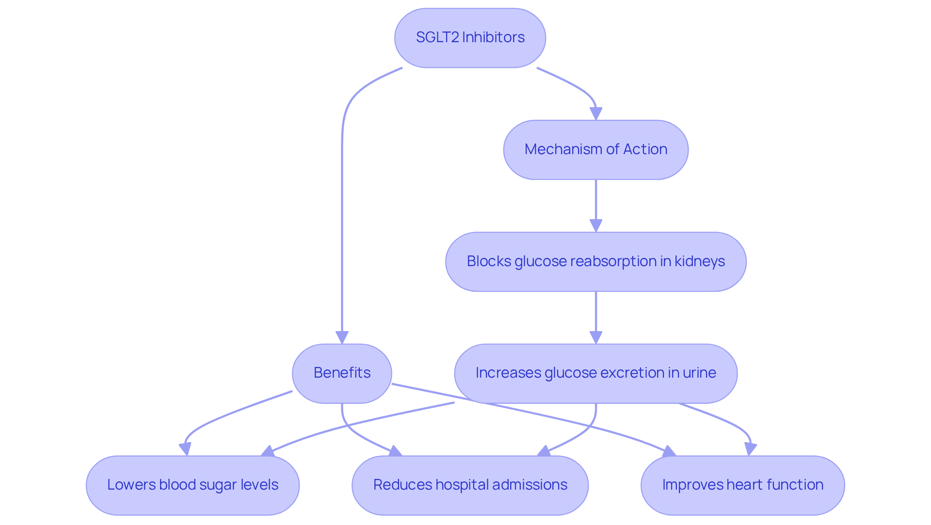 This flowchart shows how SGLT2 inhibitors work and their benefits. Start with the inhibitors, see how they block glucose reabsorption, and follow the arrows to understand how they help lower blood sugar and improve heart health.