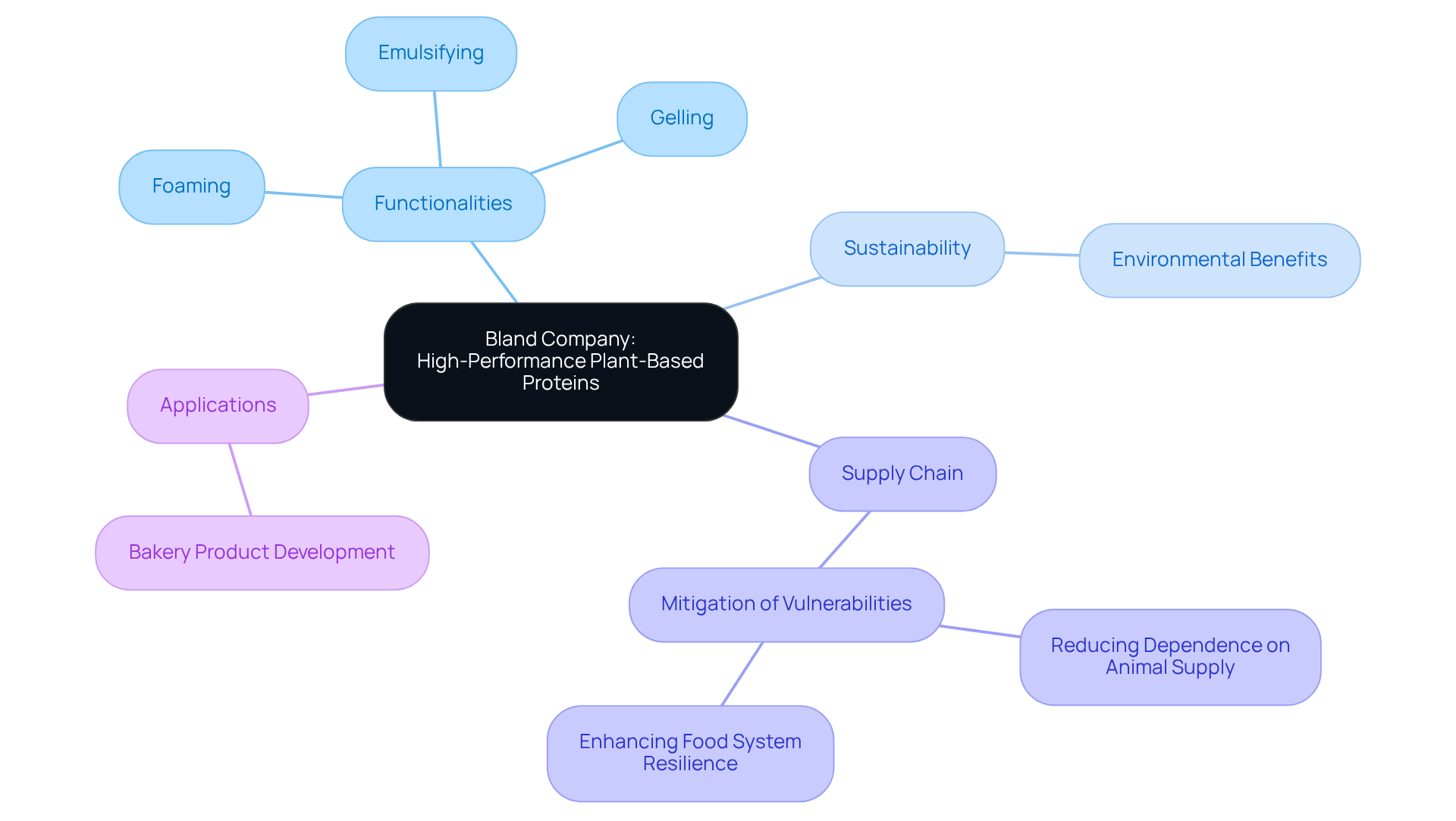 The center represents the company's main focus, while the branches show different aspects of their plant-based proteins, including how they function, their sustainability benefits, and their applications in food processing.