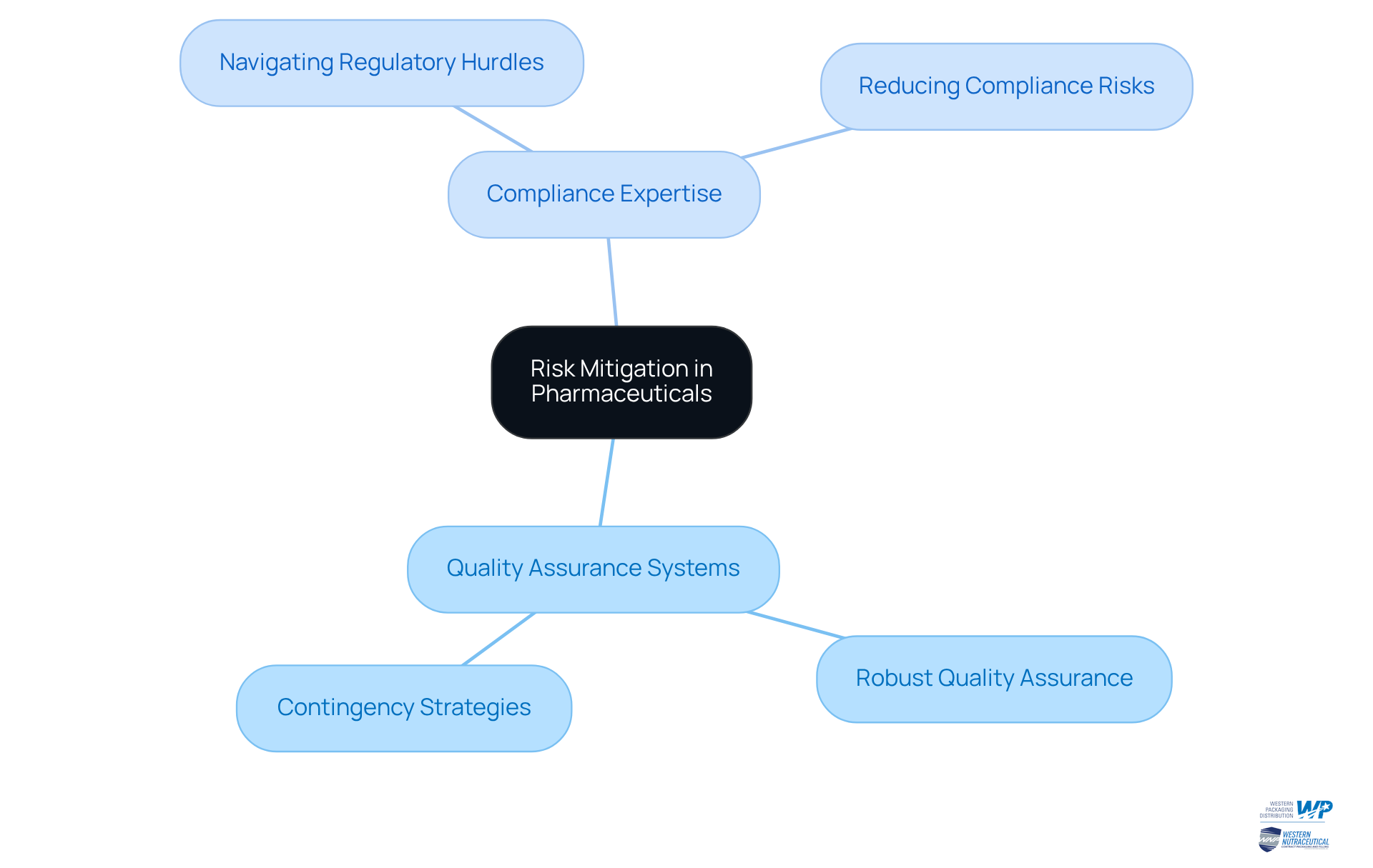 The central node represents the main concept of risk mitigation, while the branches illustrate key areas of focus. Each sub-branch highlights specific strategies that contribute to managing supply chain disruptions and ensuring quality.