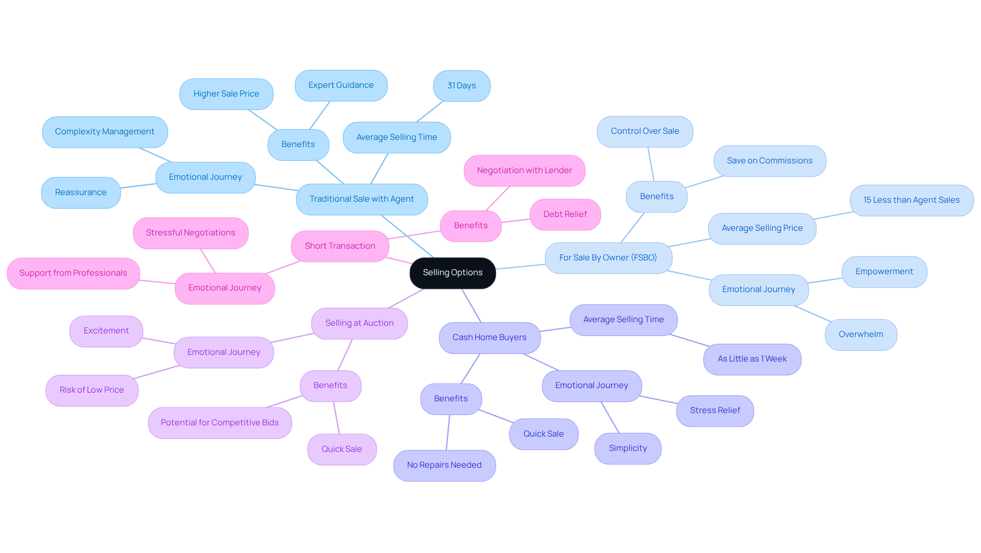 The central node represents the main theme of selling options. Each branch explores a specific method, showing its unique features and emotional experiences involved in the selling process. The central node represents the main theme of selling options. Each branch explores a specific method, showing its unique features and emotional experiences involved in the selling process.