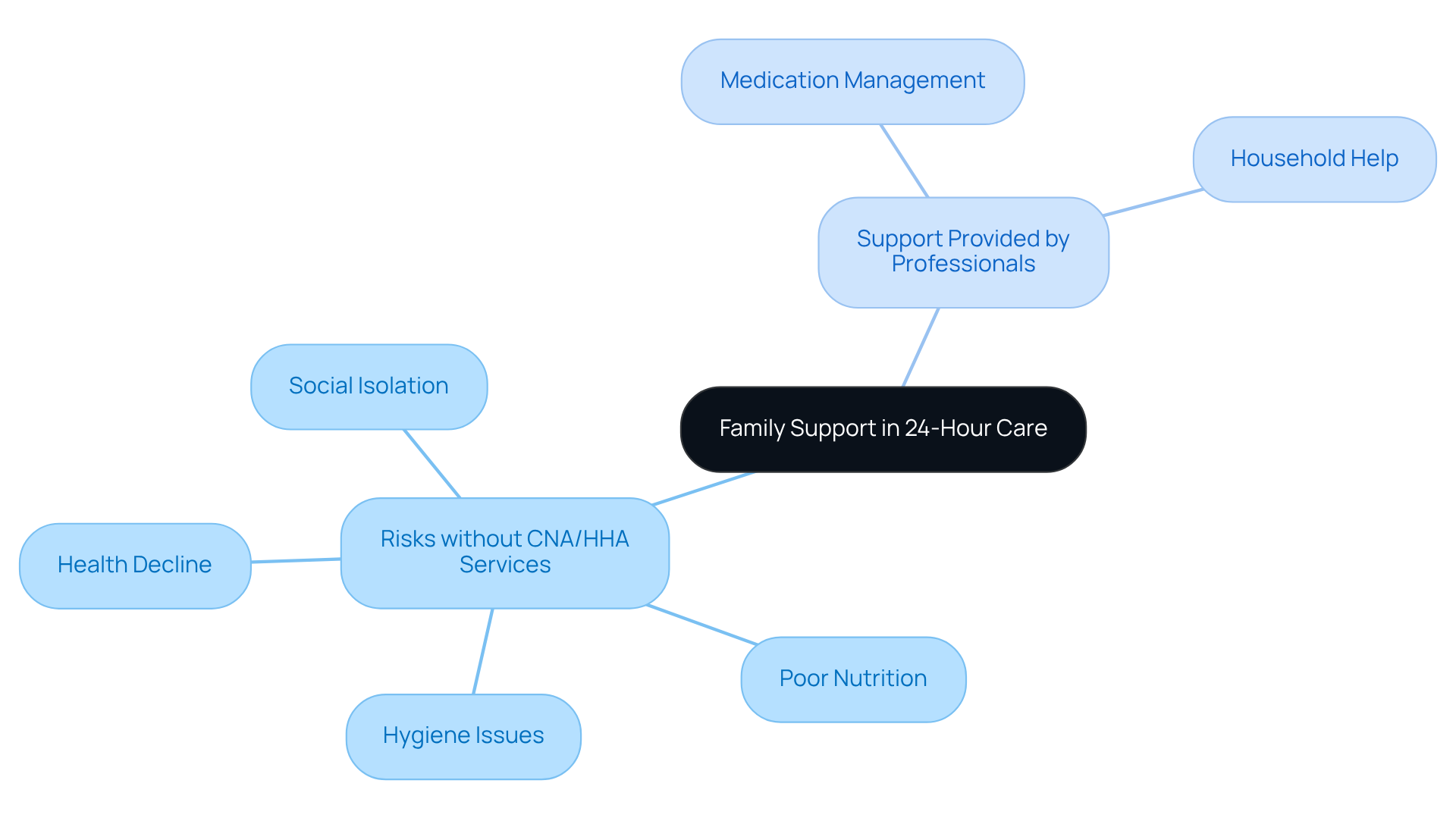 The central node represents the overall concept of family support in caregiving. The branches illustrate the risks elderly individuals face without proper care and the types of professional support available to mitigate those risks.