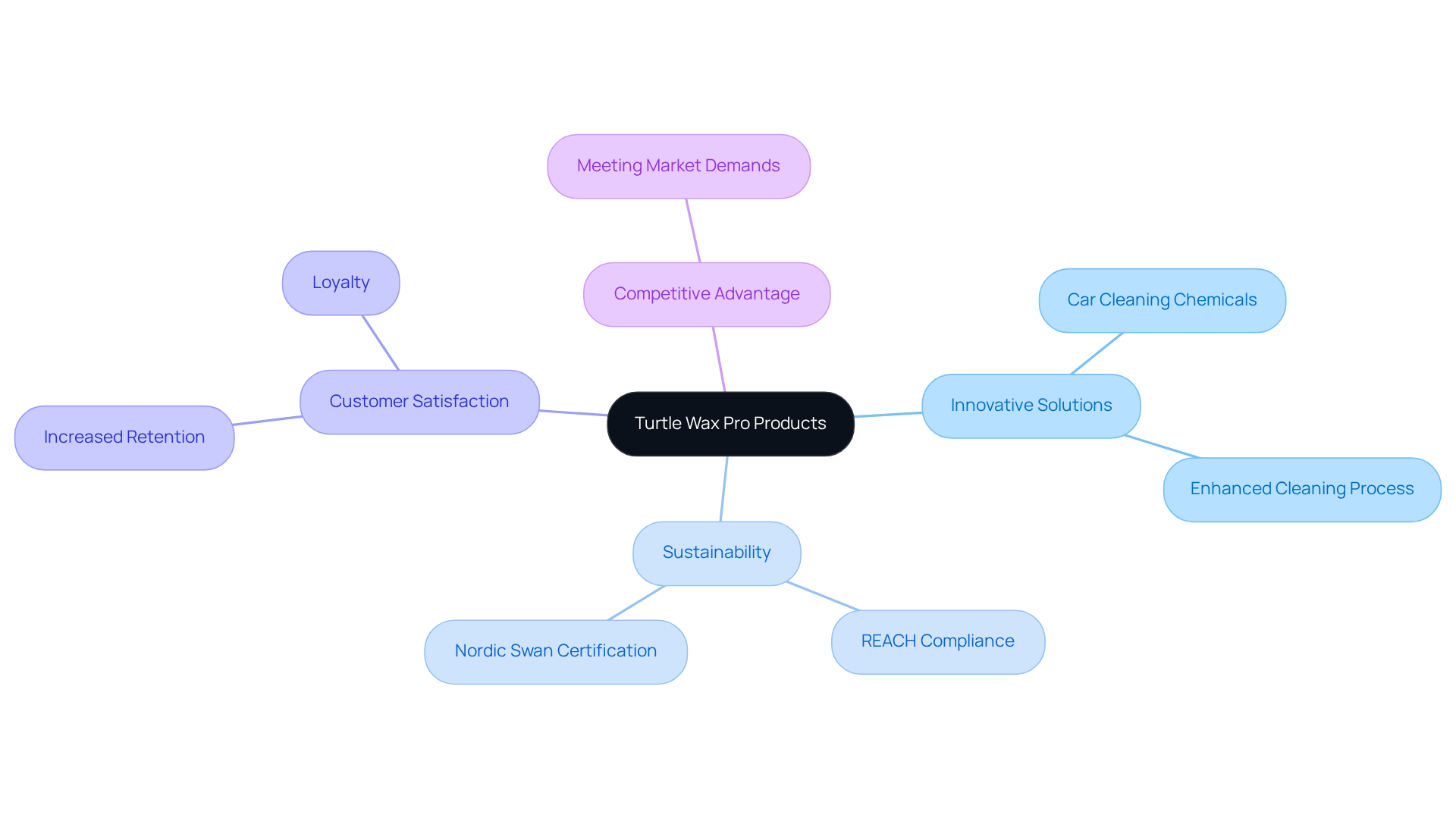 The central node represents Turtle Wax Pro's products, while the branches illustrate key themes like innovation and sustainability. Each sub-branch provides more detail on how these themes contribute to better vehicle cleaning and customer loyalty.
