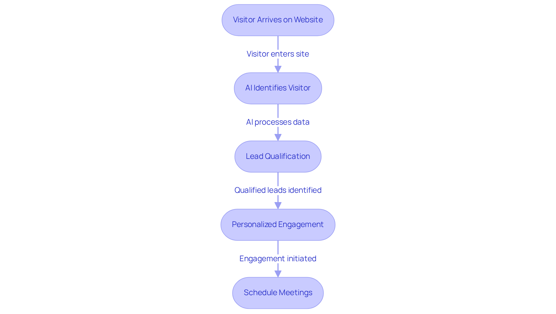 Each box represents a step in the visitor engagement process. Follow the arrows to see how visitors are identified, qualified, and engaged, leading to scheduled meetings.