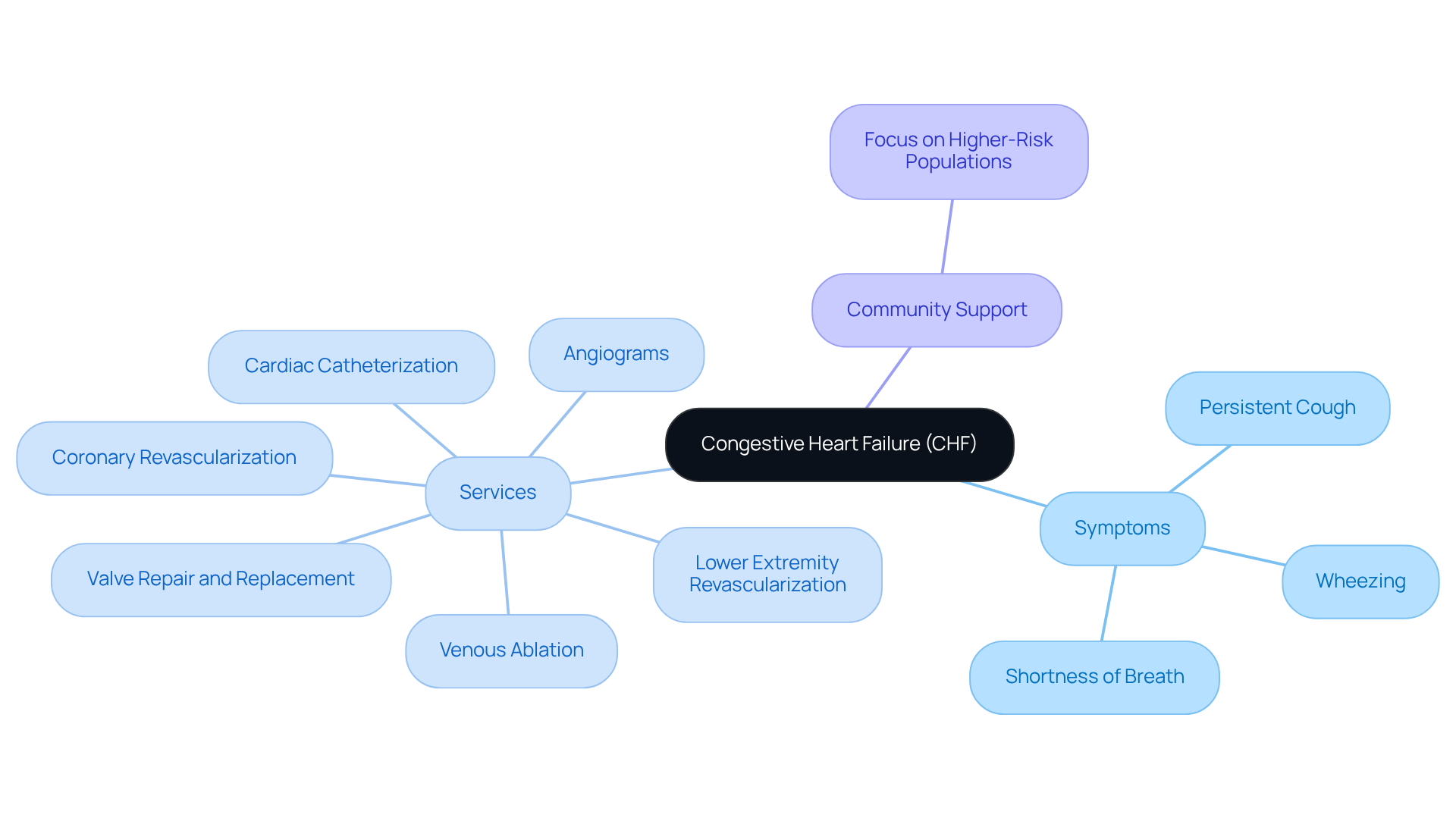 This mindmap helps you visualize the connections between symptoms of CHF, the services available to treat it, and the importance of community support. Start at the center with CHF, then explore the branches to see how symptoms relate to the services that can help manage them.