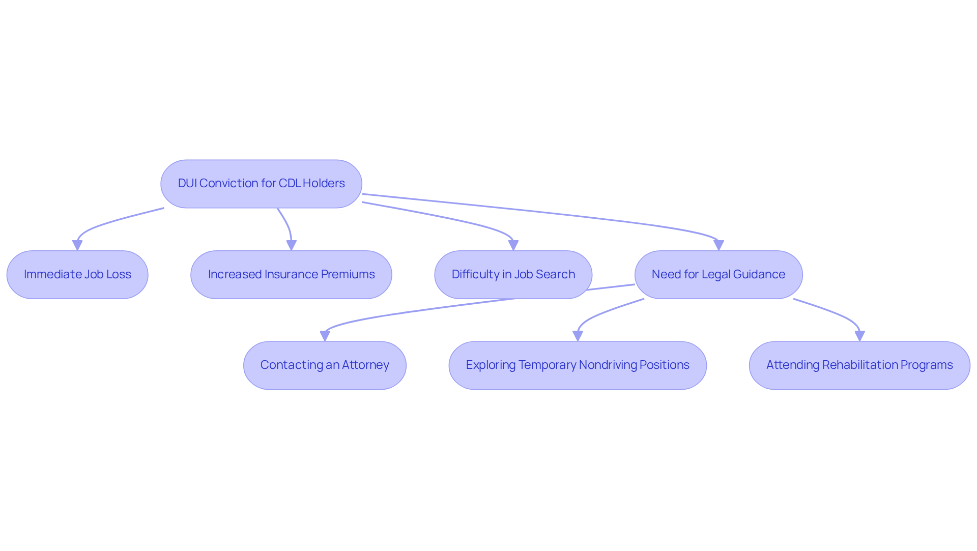 This flowchart illustrates the journey CDL holders face after a DUI conviction. Start at the top with the DUI conviction, then follow the arrows to see the various challenges that can arise, like job loss and insurance issues. Each box shows a different consequence or action that can help navigate these challenges. This flowchart illustrates the journey CDL holders face after a DUI conviction. Start at the top with the DUI conviction, then follow the arrows to see the various challenges that can arise, like job loss and insurance issues. Each box shows a different consequence or action that can help navigate these challenges.