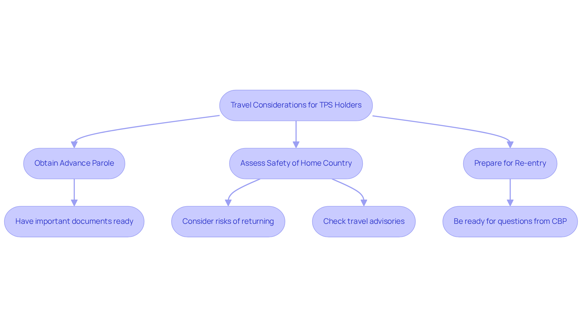 This flowchart guides TPS holders through the travel process. Start at the top and follow the arrows to understand each step you need to take before, during, and after your trip.